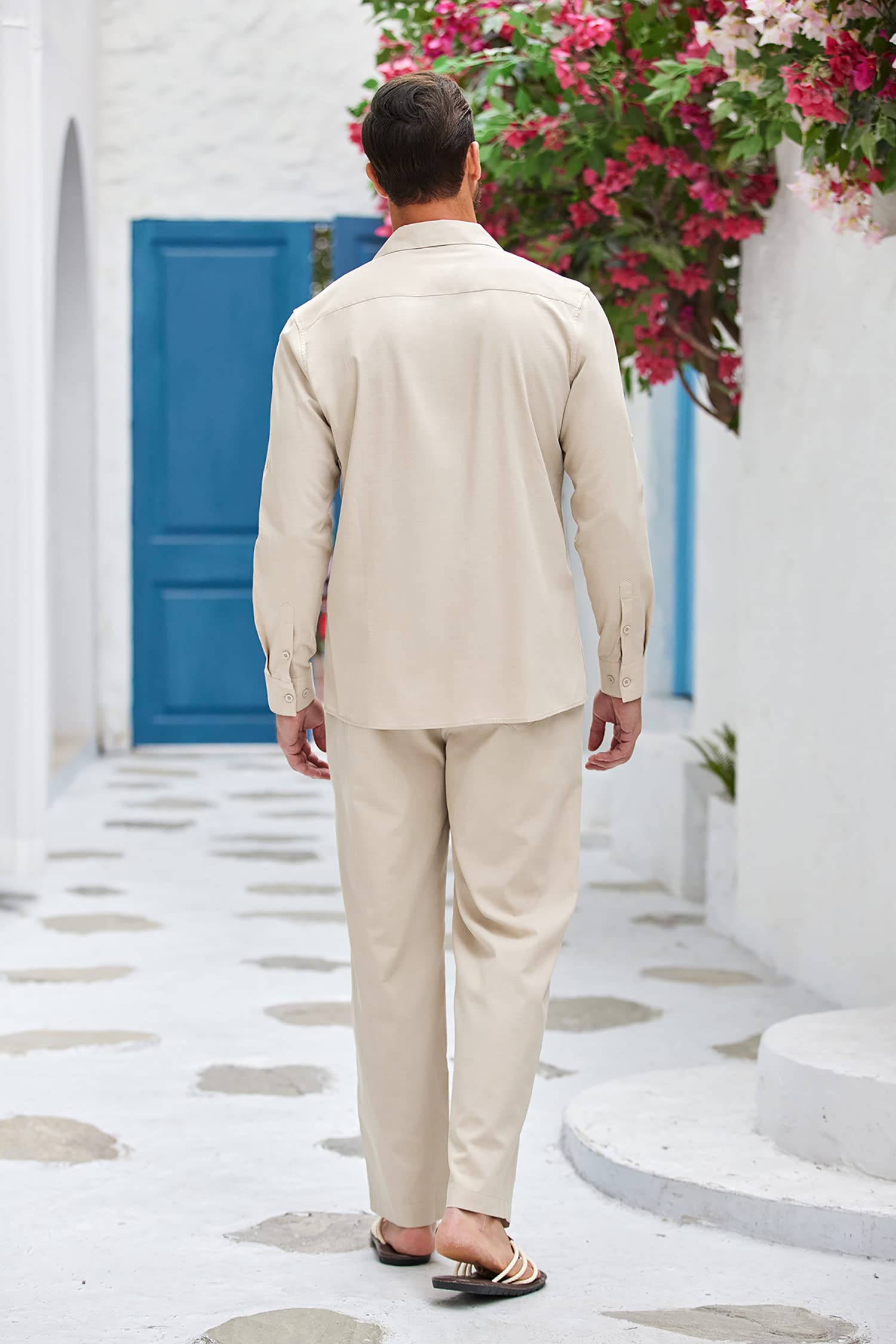COOFANDY Men Beach Outfits Sets 2 Pieces Cotton Linen Button Down Shirt and Casual Loose Trousers Summer Suit