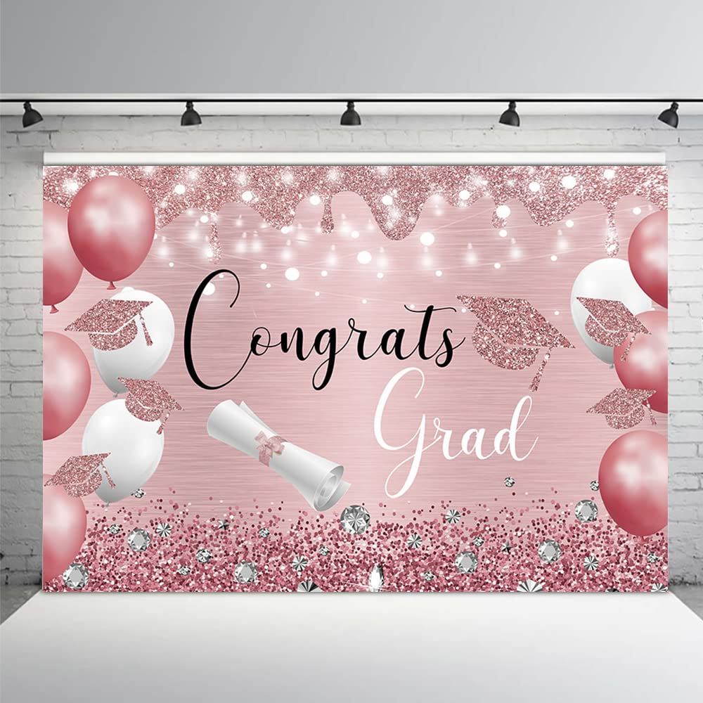 MEHOFOND 7x5ft Rose Gold Congrats Grad Backdrop Graduation Decorations Class of 2024 Ceremony Banner Pink and White Balloons Prom Supplies Photography Studio Props