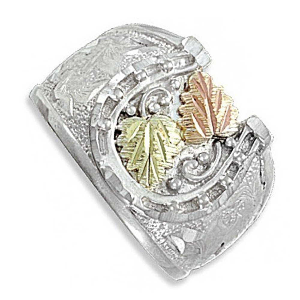 Diamond-Cut Horseshoe Ring, Sterling Silver, 12k Green and Rose Gold Black Hills Gold Motif, Size 9.75