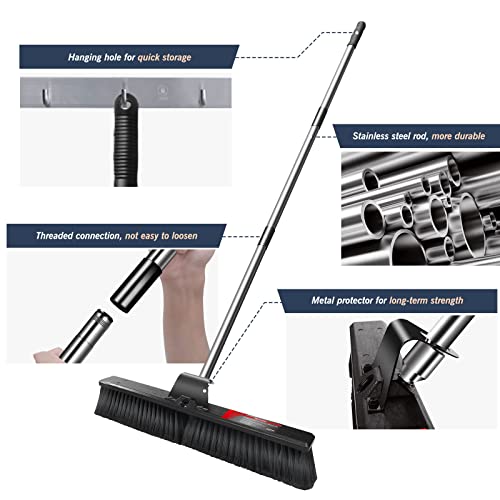 HEVOL Push Broom, 24" Wide Floor Scrub Brush with Stiff Bristles and 57β Long Stainless Steel Handle, Garage Heavy Duty Broom Outdoor Push Broom for Bathroom Kitchen Yard Patio Deck, Black