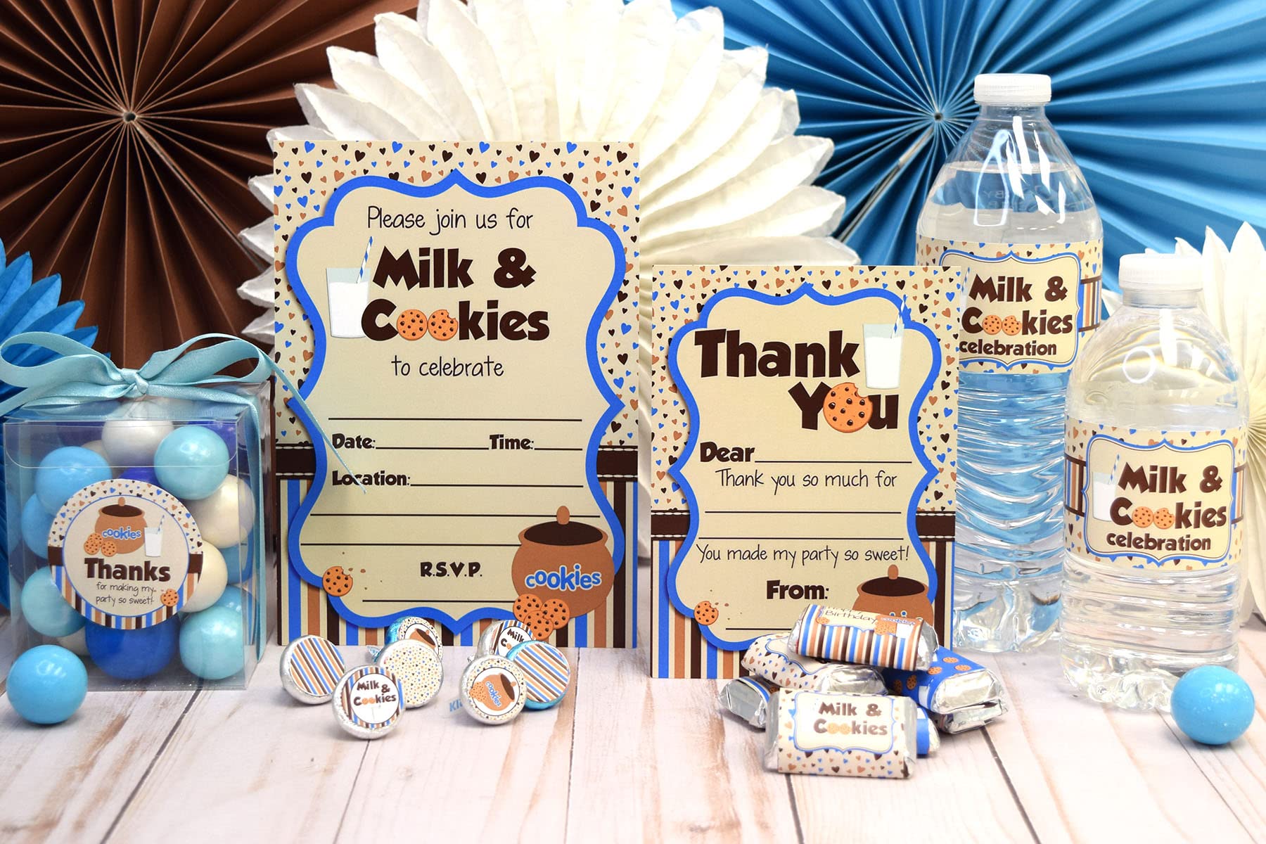 Milk and Cookies Boy Birthday Party Bundle Includes 20 each of Invitations & Thank You Cards with Envelopes + 2 Different Sizes of Stickers, Mini Candy Bar Wrappers, & Water Bottle Labels!