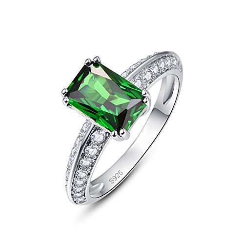 Empsoul 925 Sterling Silver Solitaire Ring Baguette Cut Green Emerald Quartz Wedding Engagement Ring for Women Size 7