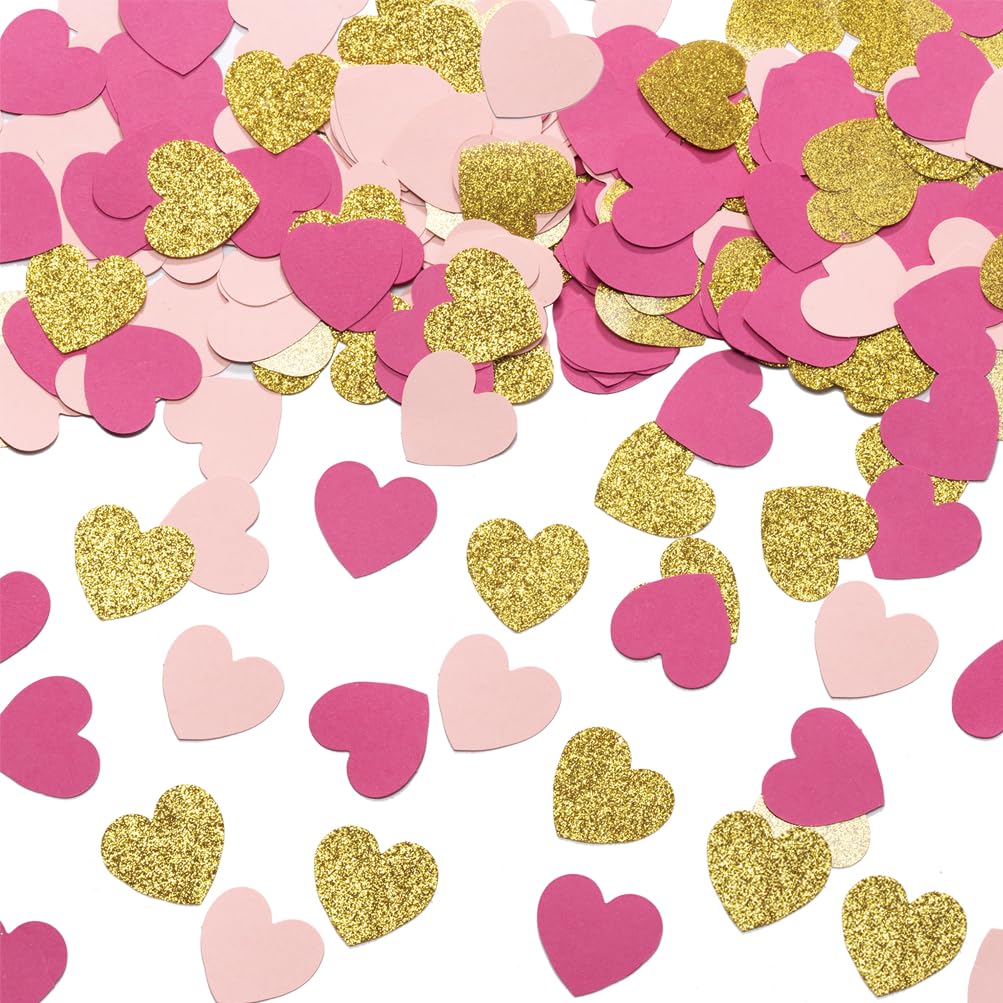 Hot Pink Gold and Pink Heart Confetti Table Decoration for Love Valentine's Day Baby Shower Birthday Wedding Bridal Hen Party,1.2 inch in Diameter,200 Counts
