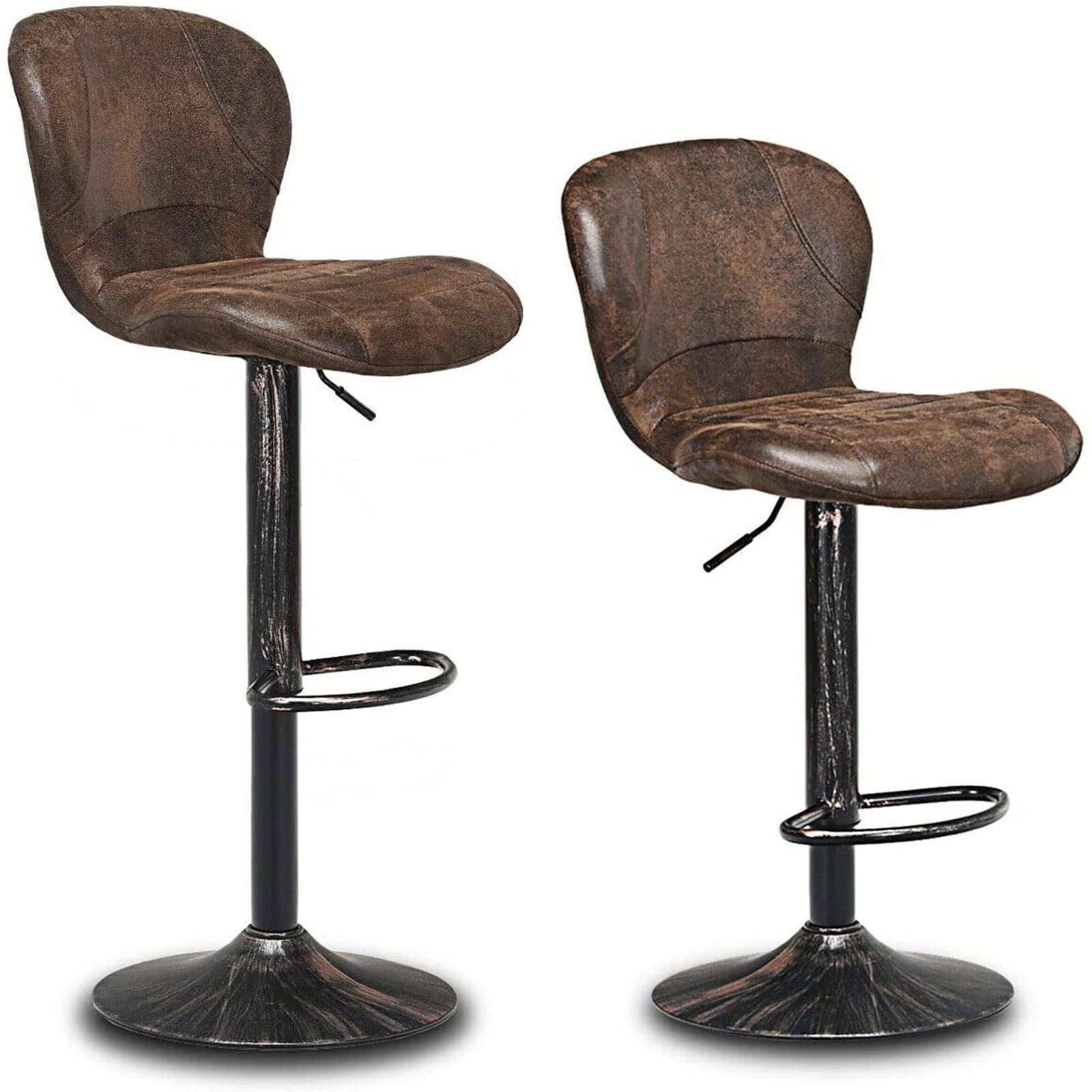 COSTWAY Bar Stools Set of 2, Adjustable Swivel Barstools with Back, Hot-stamping Cloth and Chrome Footrest, Barstools Bar Height Chairs for Kitchen Dining Living Bistro Pub, Retro Brown