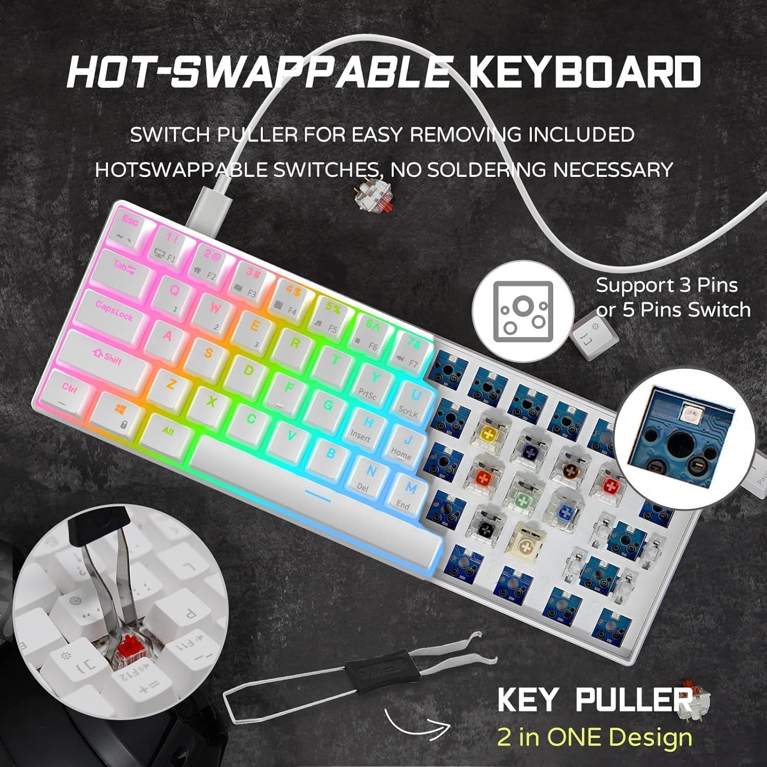 Gaming Keyboard for Girl, 60 Percent Keyboard Color Cute Keyboard with , Wired Mechanical Keyboard for Gaming Office White