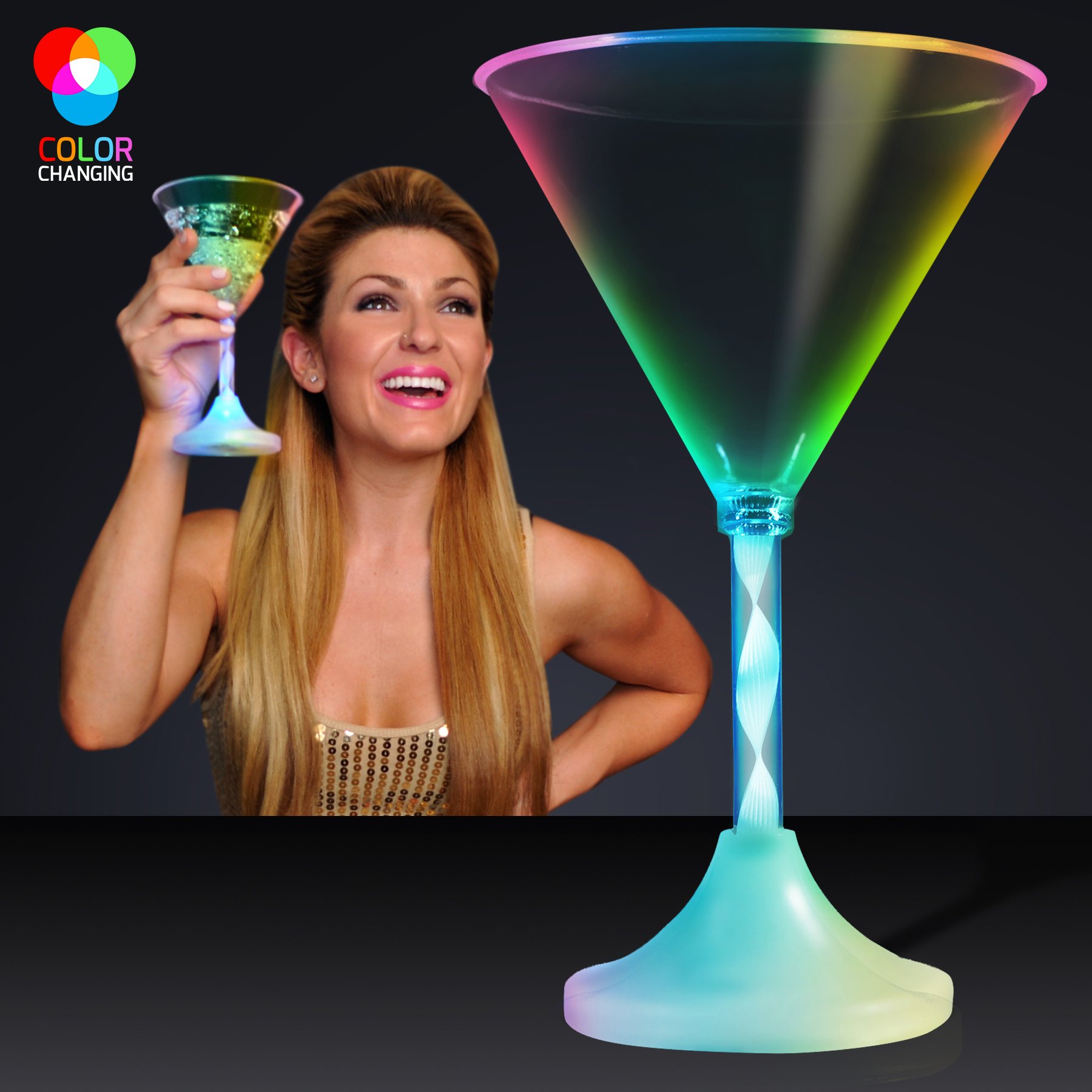 FlashingBlinkyLights Set of 4 Light Up Martini Glasses with Long Spiral Stem and Color Changing LED