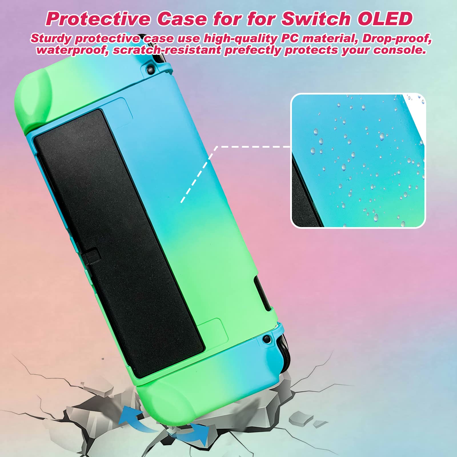 Dockable Case for for Switch OLED 2021, PC Hard Dockable Girl Ultra Thin 3 in 1 Protective Cover Case for Nintendo Switch and Joy-Con Controller with Screen Protector and 2 Thumb Grips (Blue+Green)