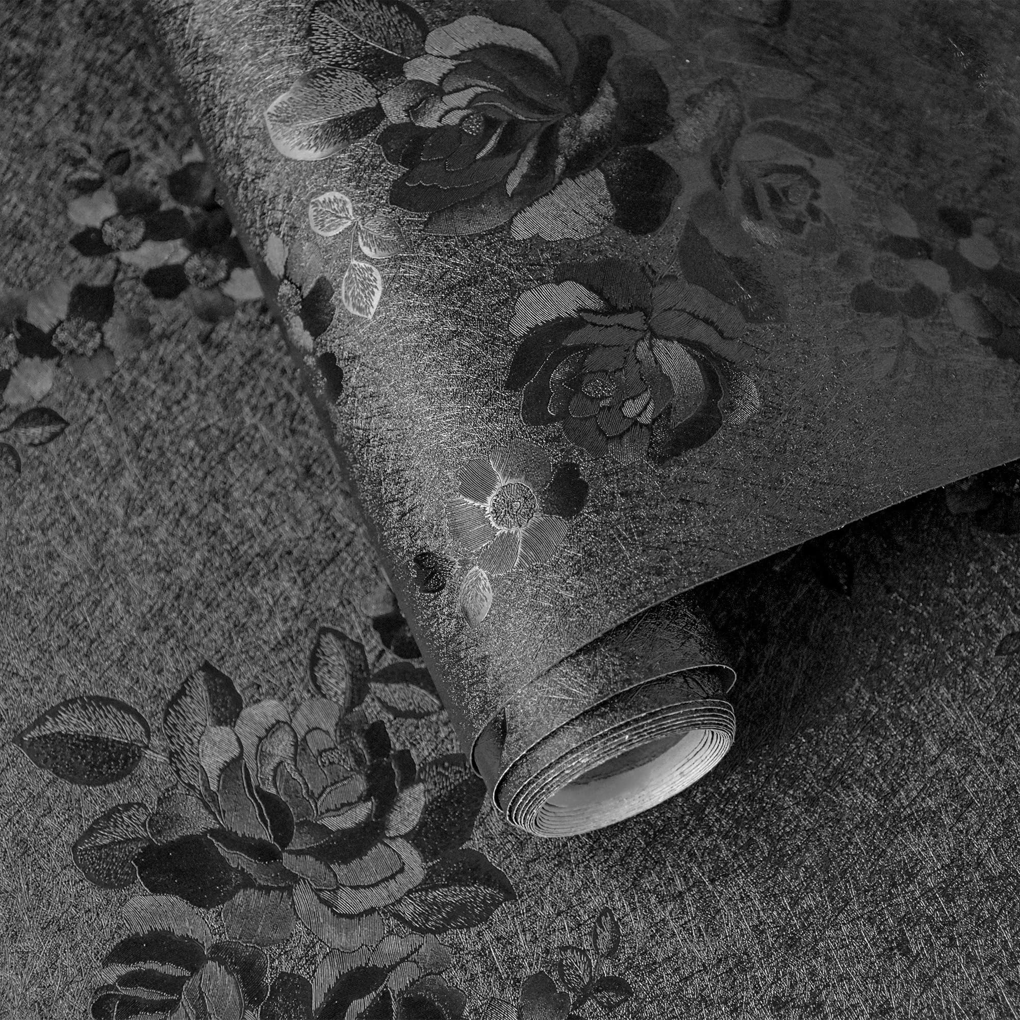 Lativo Black Peel and Stick Wallpaper Silk Embossed Floral Contact Paper for Cabinets Drawers Furniture 118Γ17.7''Textured Flower Wallpaper Removable Kitchen Wallpaper for Bathroom Waterproof Thicken
