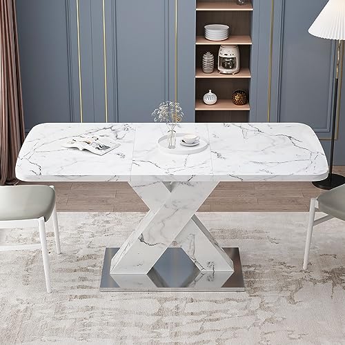 Modern Marble Top Dining Table, Extendable Marble Dining Table for 4-6, Expandable Dining Table with Faux Marble Top and Crossed Pedestal Base, Large Dining Table for Dining Room Kitchen (White)