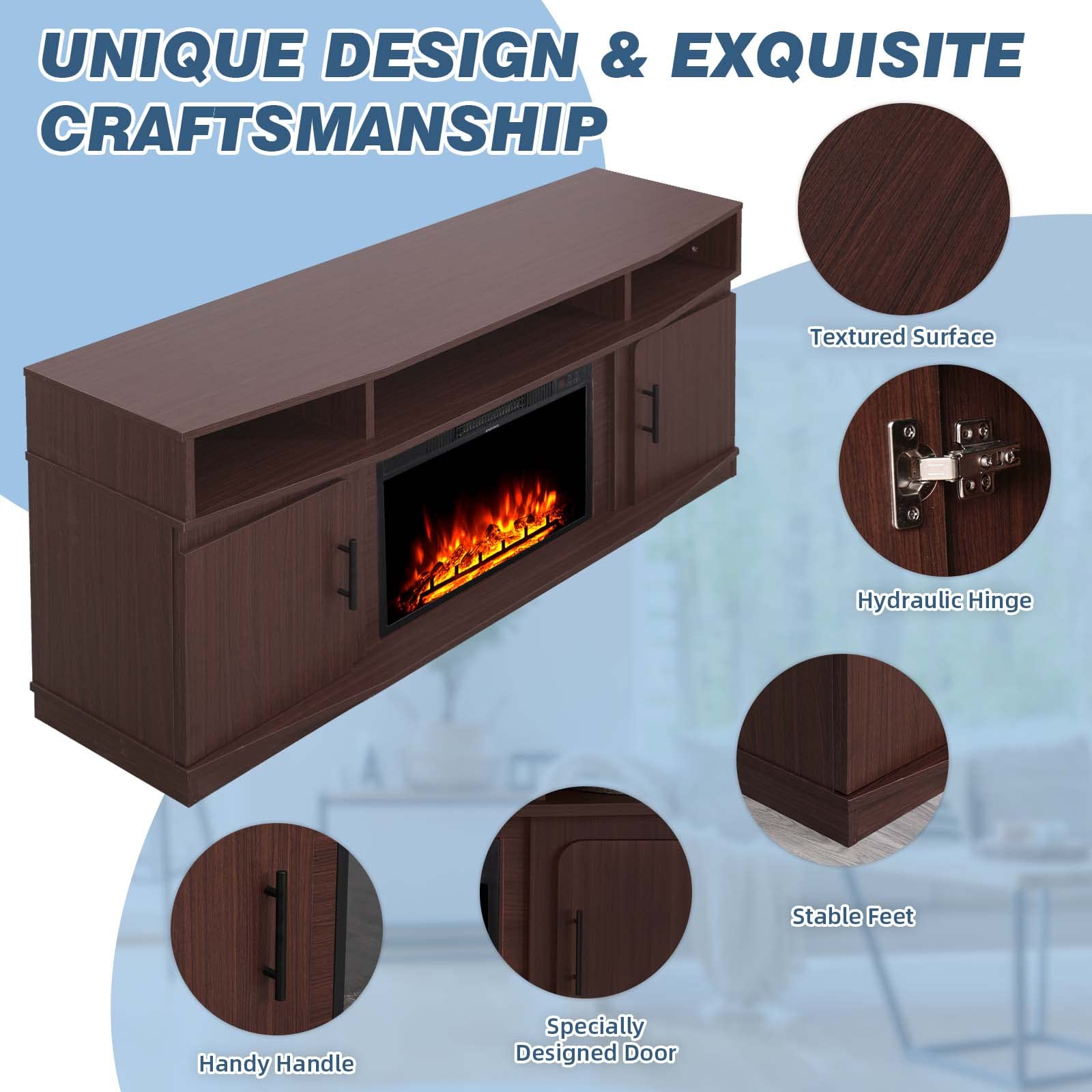EROMMY 59'' Fireplace TV Stand with 23'' Electric Fireplace Insert, Entertainment Center with Adjustable Shelves, TV Console for TVs up to 65'' for Living Room, Bedroom, Office, Rustic Walnut