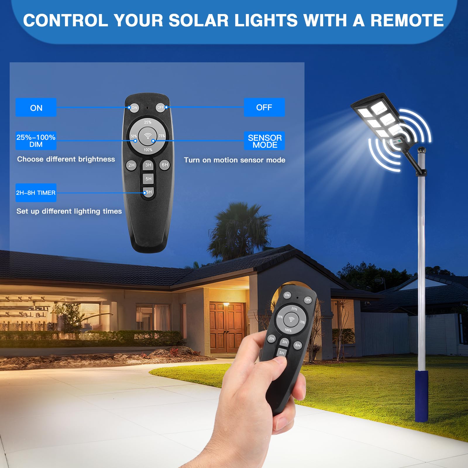 Klaimbmo Solar Street Light 2-Pack: 20000LM Solar Parking Lot Lights with Remote Control and Motion Sensor, Solar Wall Lights Outdoor Waterproof, Floodlight for Streets, Lawns, Parking Lots