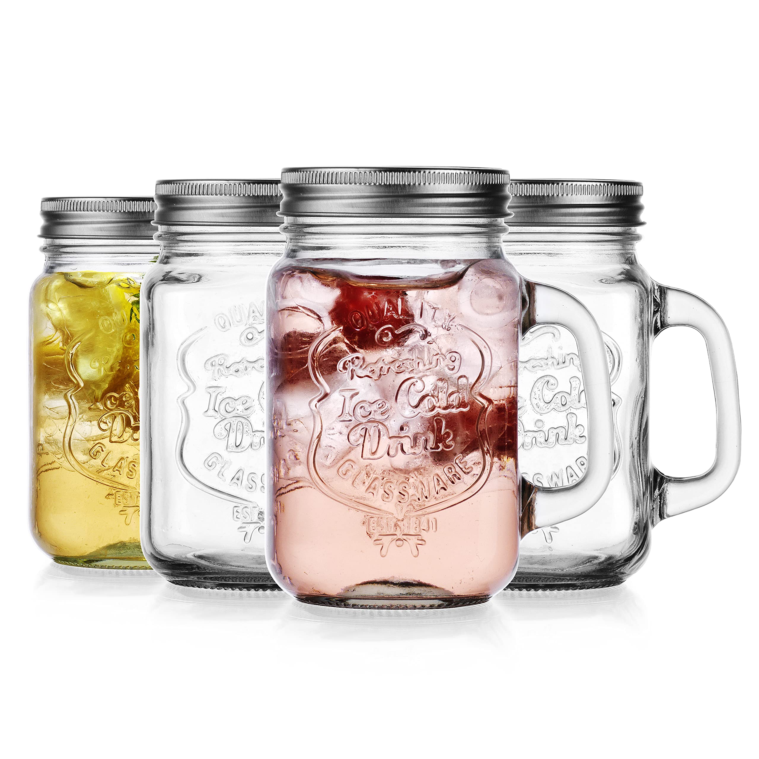 Glaver's Mason Drinking Jars β Set of 4, 16 Oz Clear Glass Jar with Handle and Lid. β Ice-Cold Drink Glassware Logo β Glass Mugs Ideal for Cold Beverages, Juice, Smoothie, Cocktails.