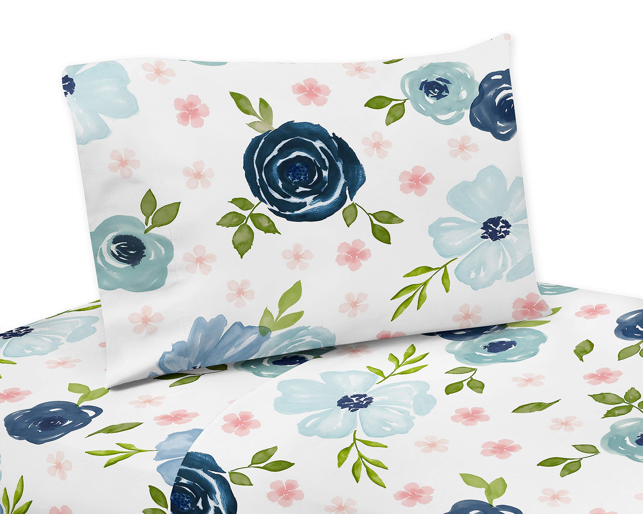Sweet Jojo Designs Navy Blue and Pink Watercolor Floral Twin Sheet Set - 3 Piece Set - Blush, Green and White Shabby Chic Rose Flower