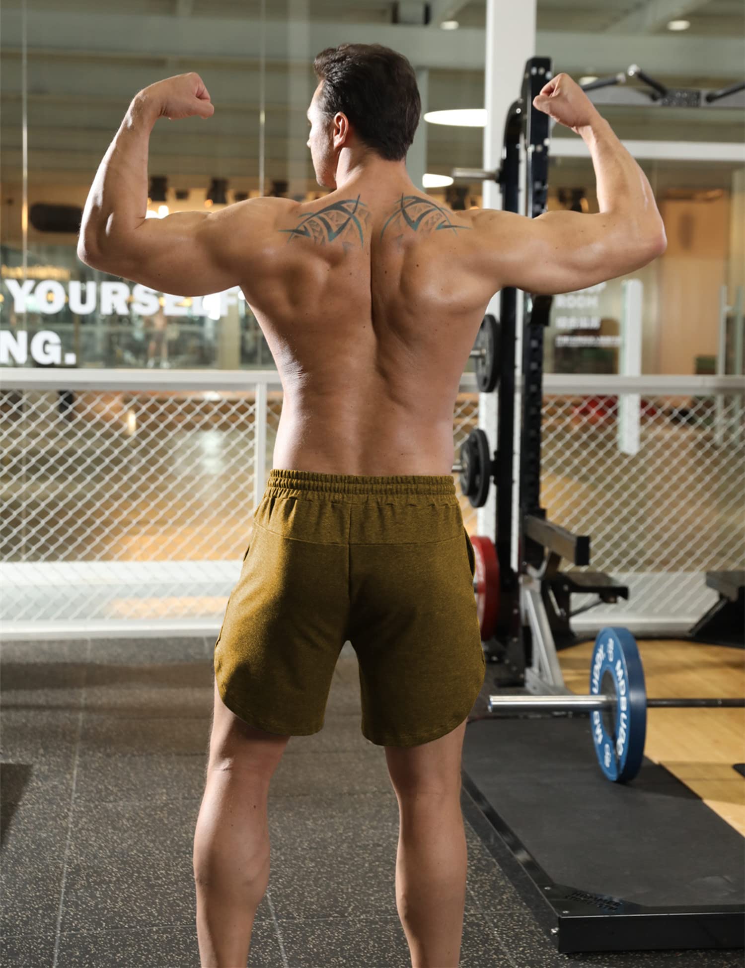 Coofandy Mens Gym Workout Shorts 7 inch Quick Dry Weightlifting Squatting Pants Training Bodybuilding Jogger with Pocket Dark Khaki