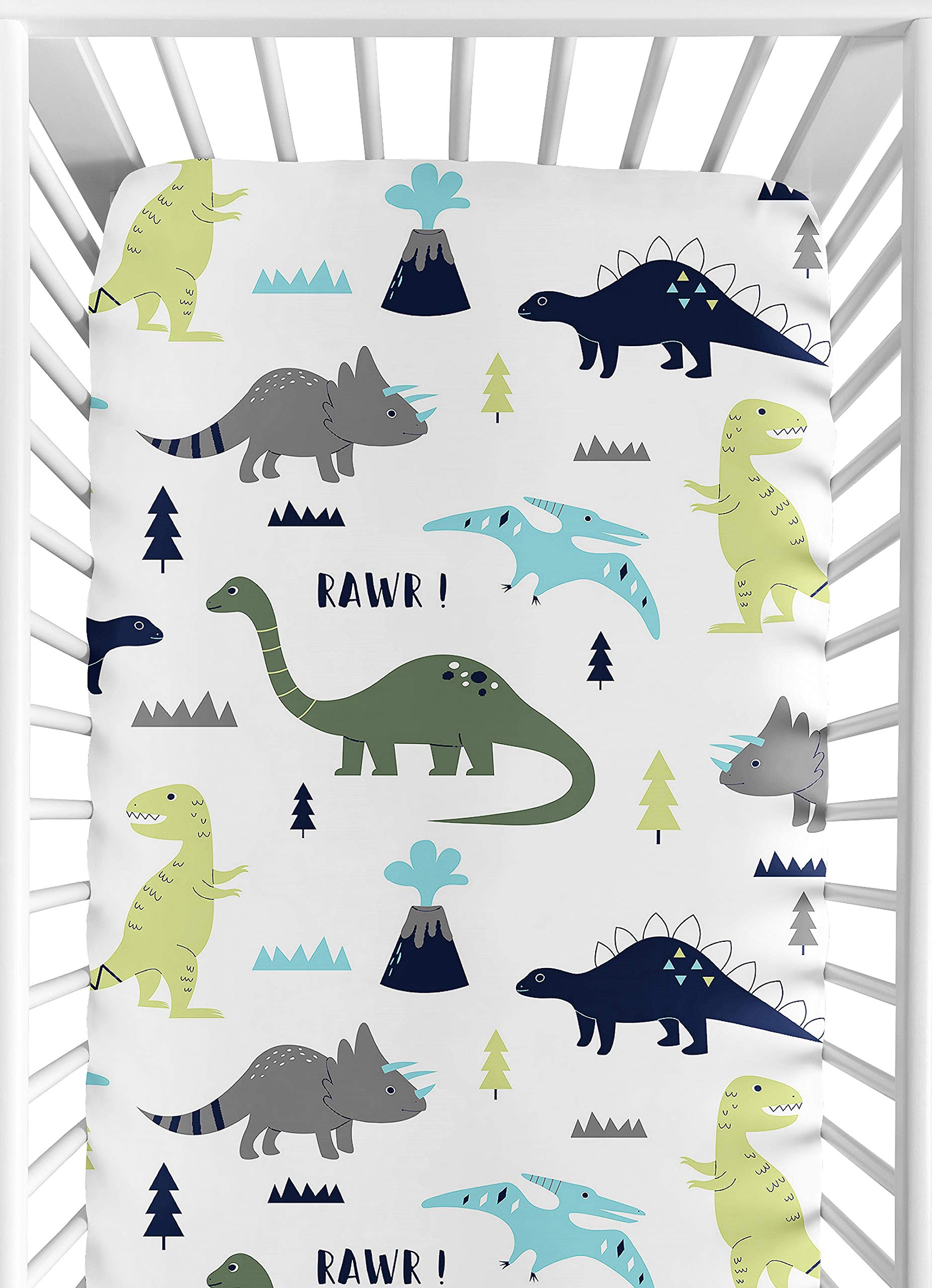 Sweet Jojo Designs Mod Dino Boy Cotton Fitted Crib Sheet Baby or Toddler Bed Nursery - Navy Blue Green Grey Modern Dinosaur Dinosaurs 100% Cotton