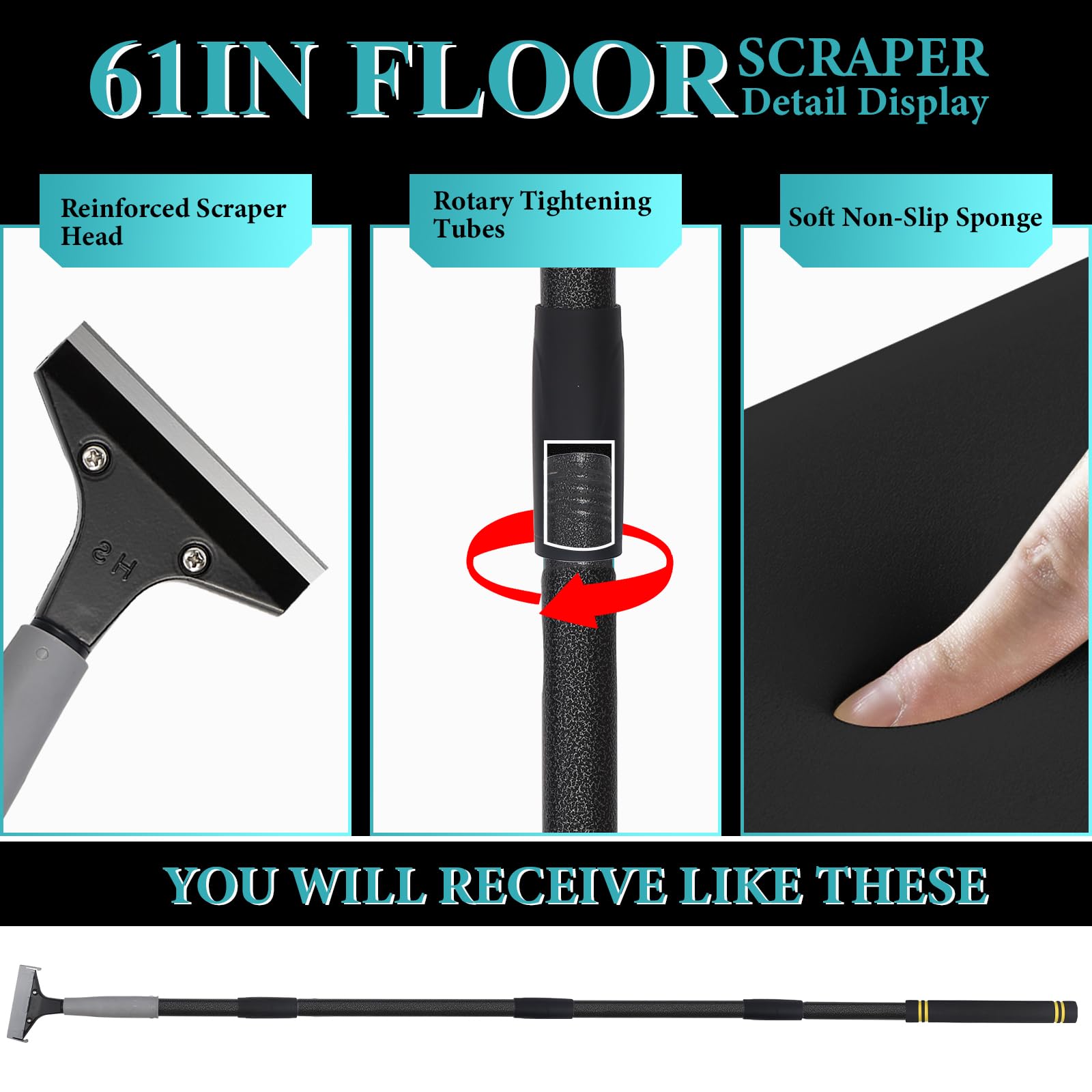 Frebuta Floor Scraper Long Handle Heavy Duty,16 to 31In 4 inch Razor Blades Floor Scraper with 10PC Floor Blades Sponge Handle Iron Tube Scraper for Cleaning Quick and Easy Removal Price Stickers