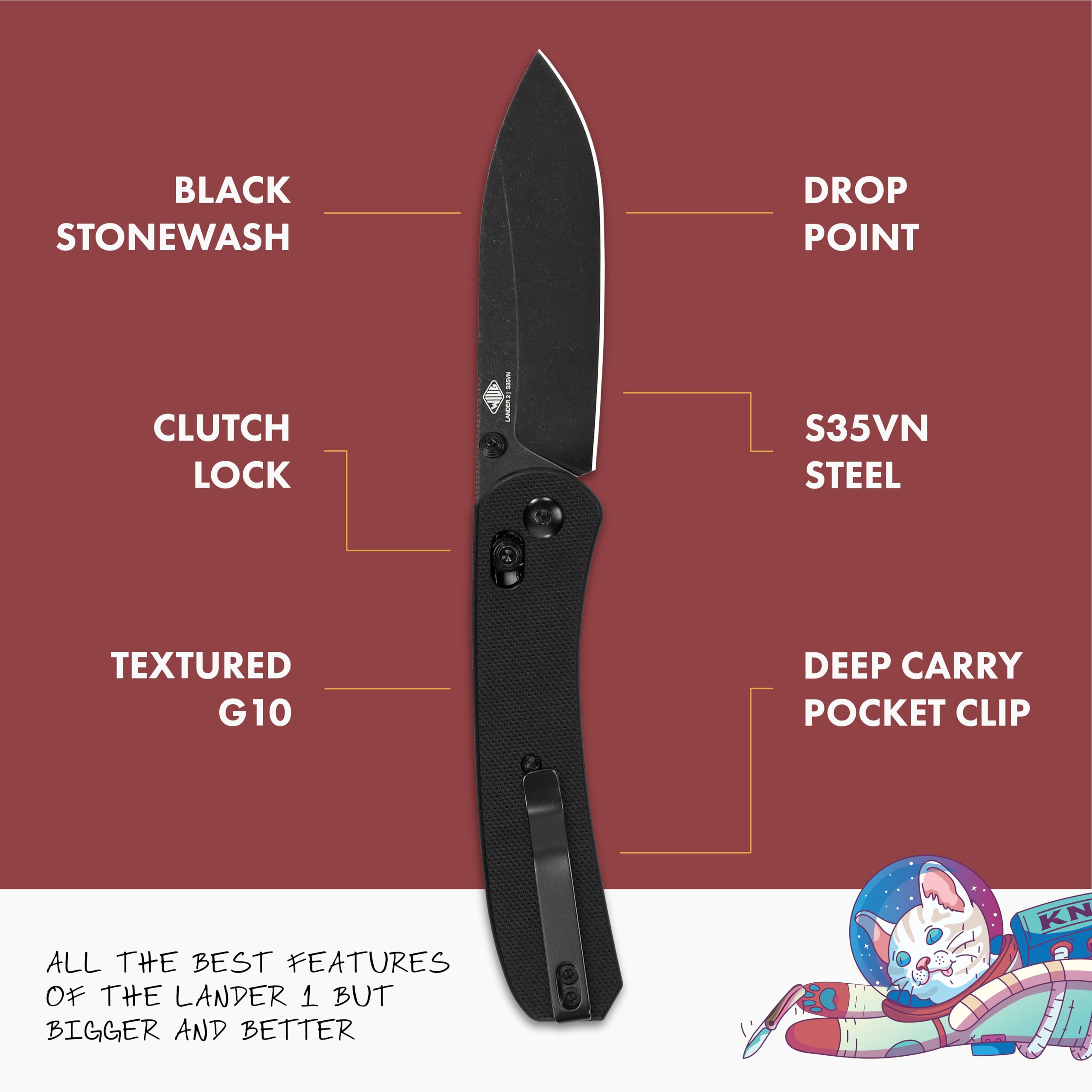 Knafs - Lander 2 Folding Pocket Knife with Clip - EDC for Men, Women, Everyone - Black Stonewash Blade - Black G10 Handle