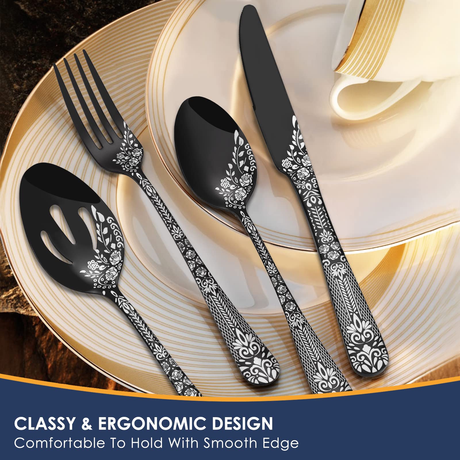 EUIRIO 53-Piece Black Silverware Set with Serving Utensils, Black Flatware Set for 8, Stainless Steel Mirror Cutlery Set, Spoons Forks Knives with Unique Floral Laser, Tableware Set, Dishwasher Safe