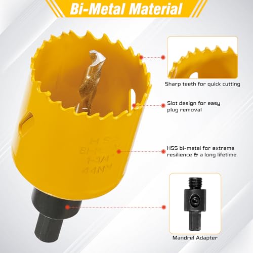 KATA Bi-Metal Hole Saw Kit, 7-Piece Metal Hole Saw Set with 1-1/4" to 2-1/8"(32-38-44-54mm) Hole Drill Cutter with Mandrels, Drill Bit, Hex Key for Metal, Wood, PVC, Plastic