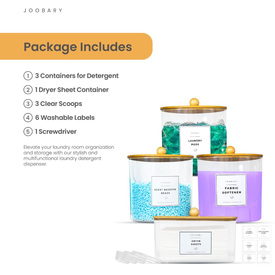 JOOBARY Laundry Detergent Dispenser Containers - 4 Pack Laundry Powder Container & Dryer Sheet Holder , Laundry Room Organization And Storage , Laundry pods Soap Dispenser,Laundry Labels,Beads