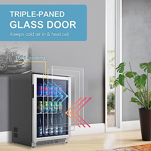 WEILI 20 Inch Beverage Fridge with Glass Door, 120 Can Mini Fridge with Blue LED Light for Soda Beer Wine, 36-50°F Under Counter Refrigerator and Cooler for Home Office Dorm or Bar, Auto Defrost