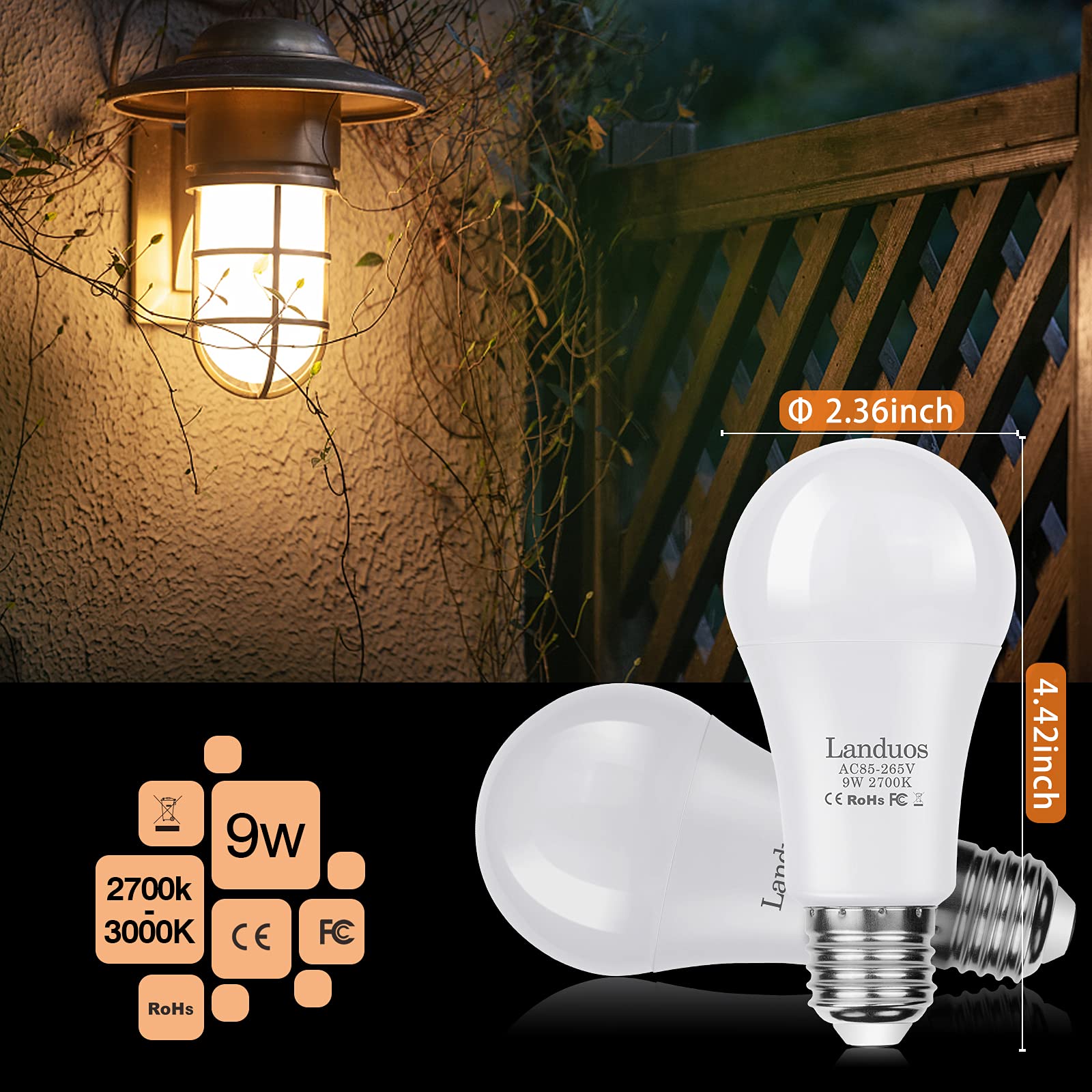 Dusk to Dawn Light Bulb A19 2700K 9W (100W Equivalent) Smart Sensor Light Bulbs Super Bright Automatic On/Off E26 Security Lights Indoor/Outdoor Yard Porch Patio Garden (Warm White Pack of 2)