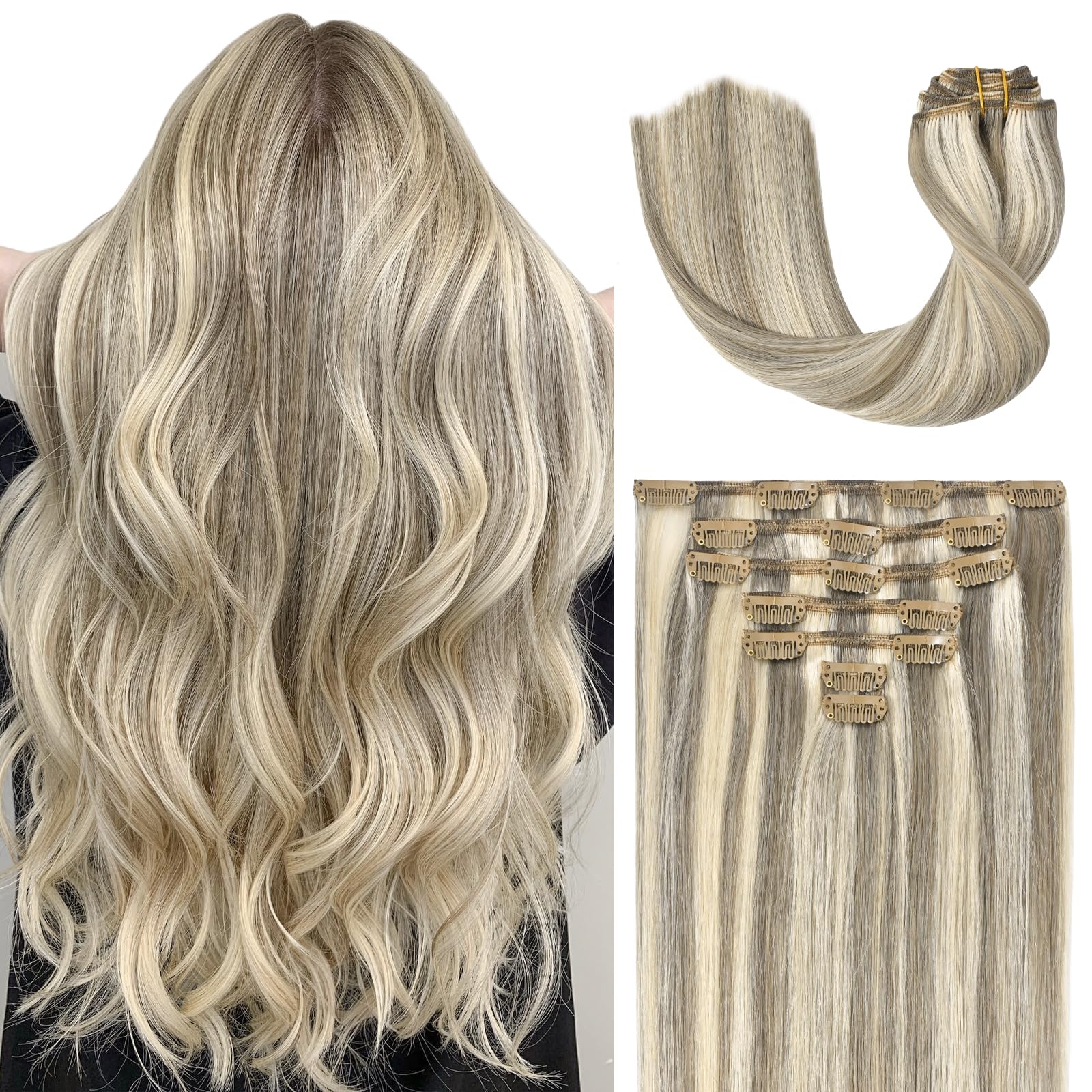 VARIO HAIR Clip in Hair Extensions Blonde Highlighted Human Hair Balayage Hair Extensions Mixed Bleach Blonde 12 Inch 70g Fine Hair Full Head Silky Straight 100% Human Hair Clip In Extensions