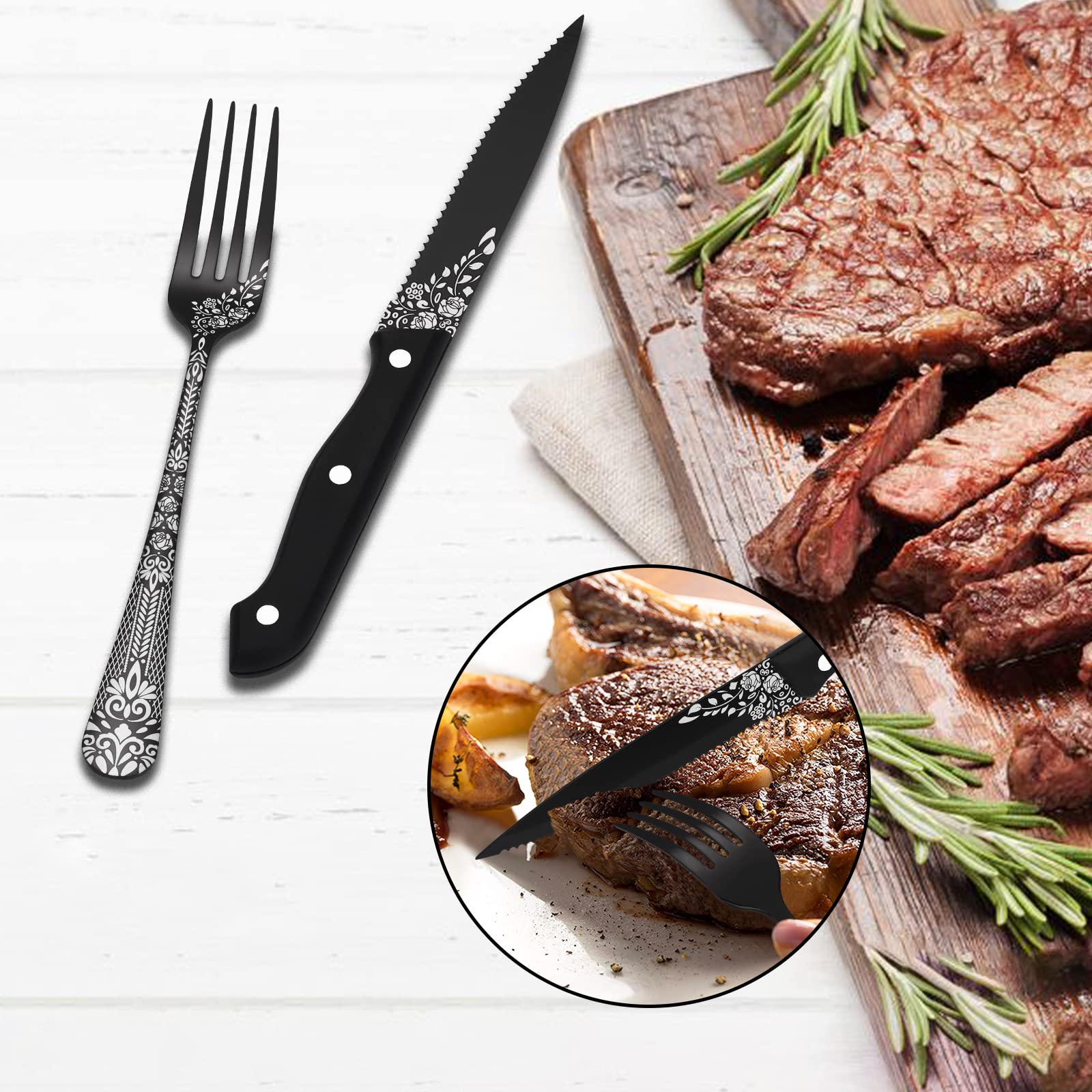 EUIRIO 89-Piece Black Silverware Set with Serving Utensils, Black Flatware Set for 14, Stainless Steel Mirror Cutlery Set, Spoons Forks Knives with Unique Floral Laser, Tableware Set, Dishwasher Safe