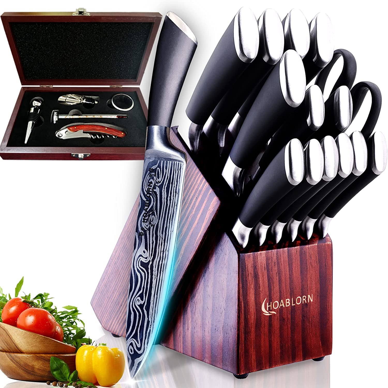 Knife Set Kitchen Knife Set with Knife Block, 15-Piece Professional Stainless Steel Damascus Set with Built-in Knife Sharpener and Free Wine Box,Great Gift Idea!