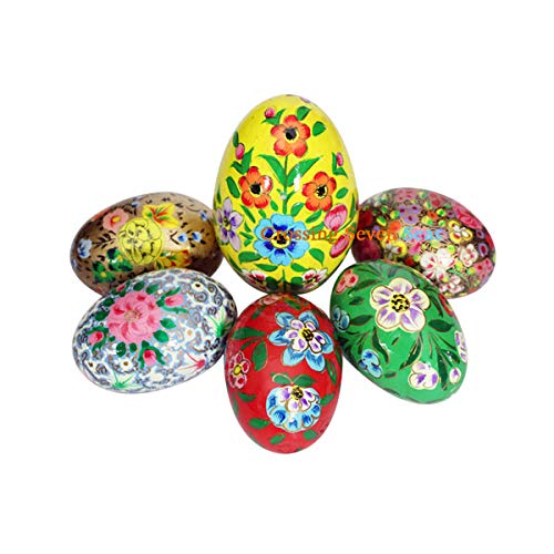 Crossing Seven Seas 3" Set of 5 Hand Painted Easter Eggs & one 4" Paper Mache Ukrainian Garden Flowers Home décor - Total 6 Eggs.