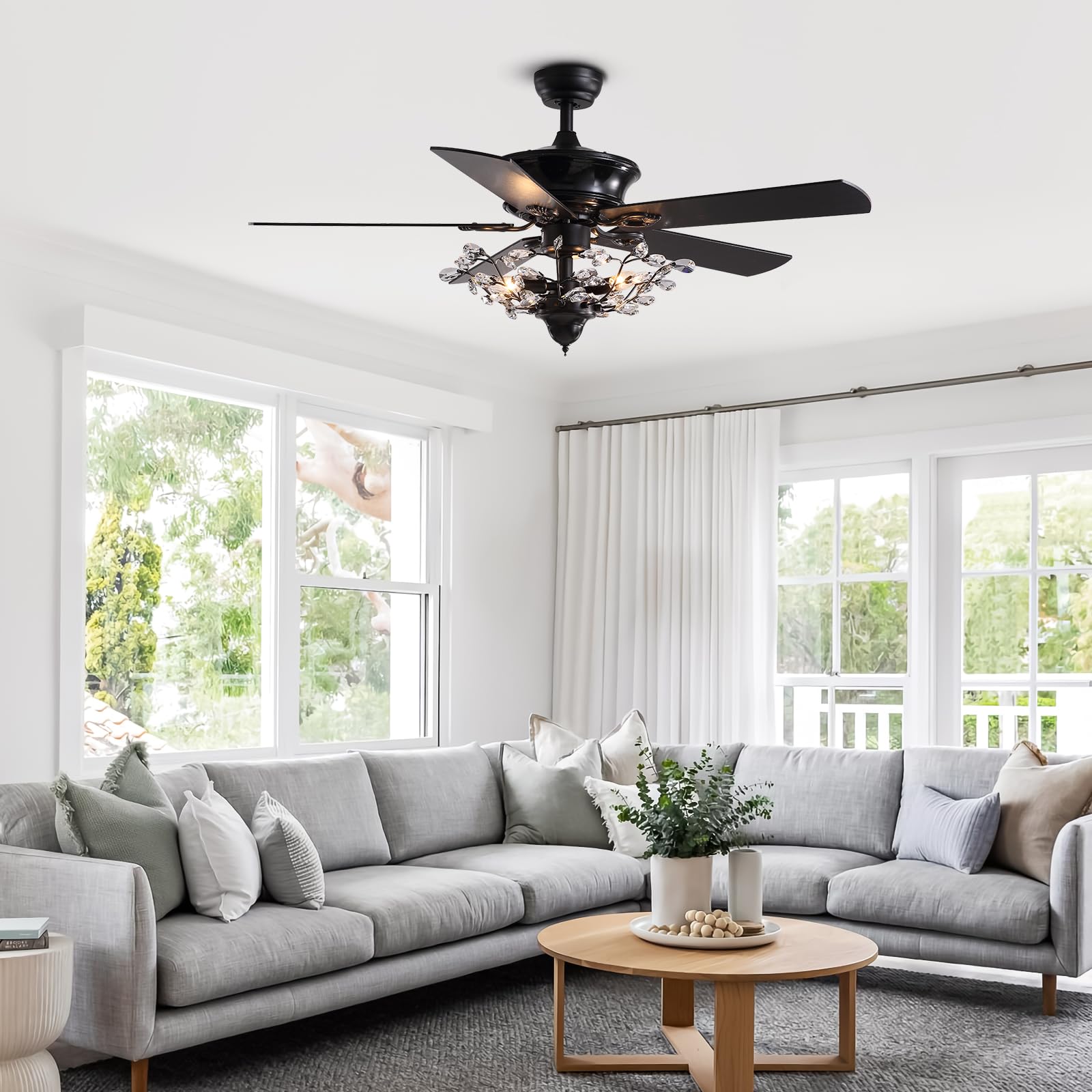 CROSSIO Modern Crystal Chandelier Ceiling Fan Gorgeous Reversible Ceiling Fan Light Fixture with Remote for Bedroom Living Room (Black-2, 50")