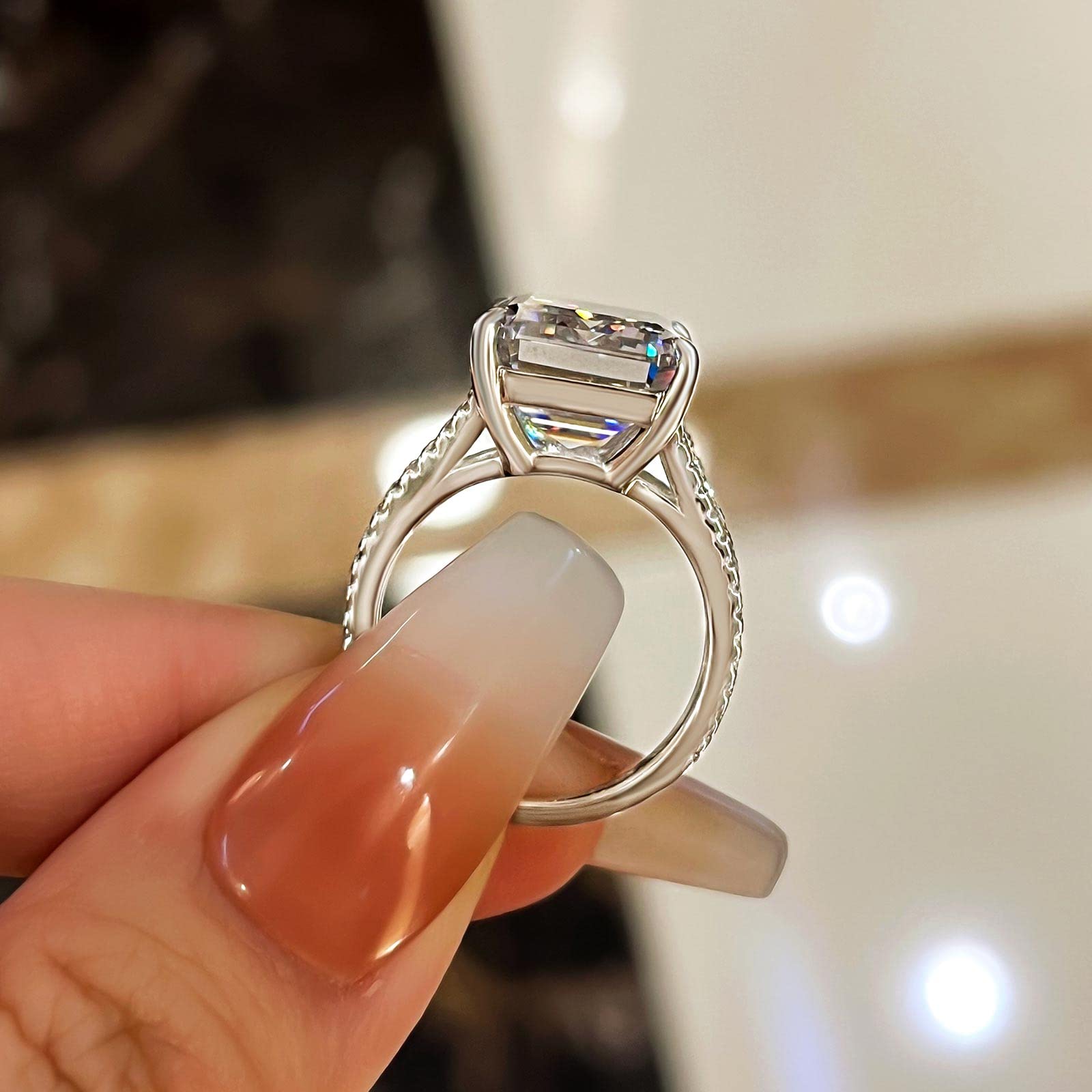 Effinny 8.0ct Emerald Cut Engagement Ring for Women,White Gold Plated Sterling Silver Simulated Diamond Promise Ring with Jewelry Box