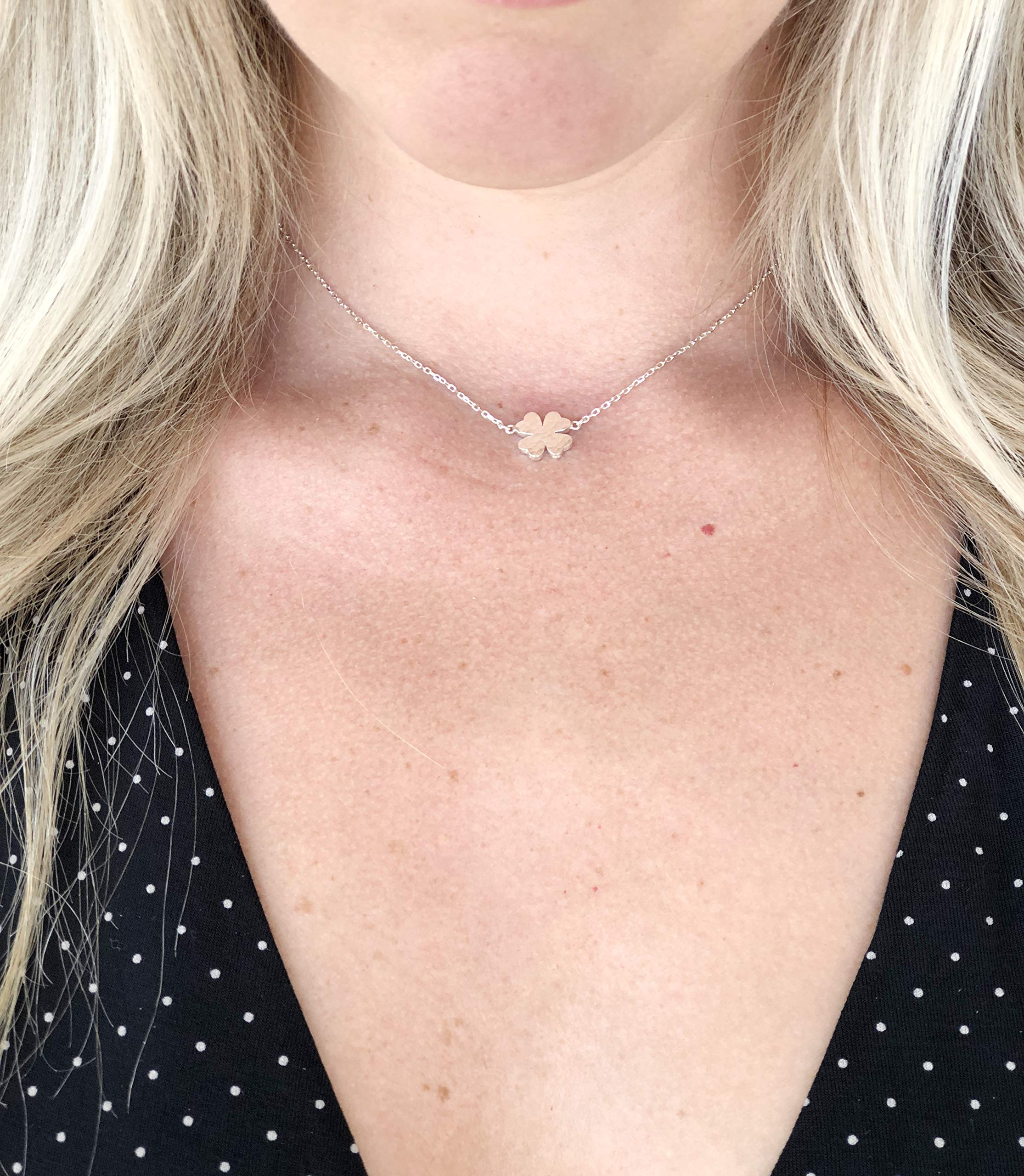 Dote Lucky Four Leaf Clover Pendant Dainty Genuine .925 Sterling Silver Hammered Necklace w/ 16-18" Adjustable Chain