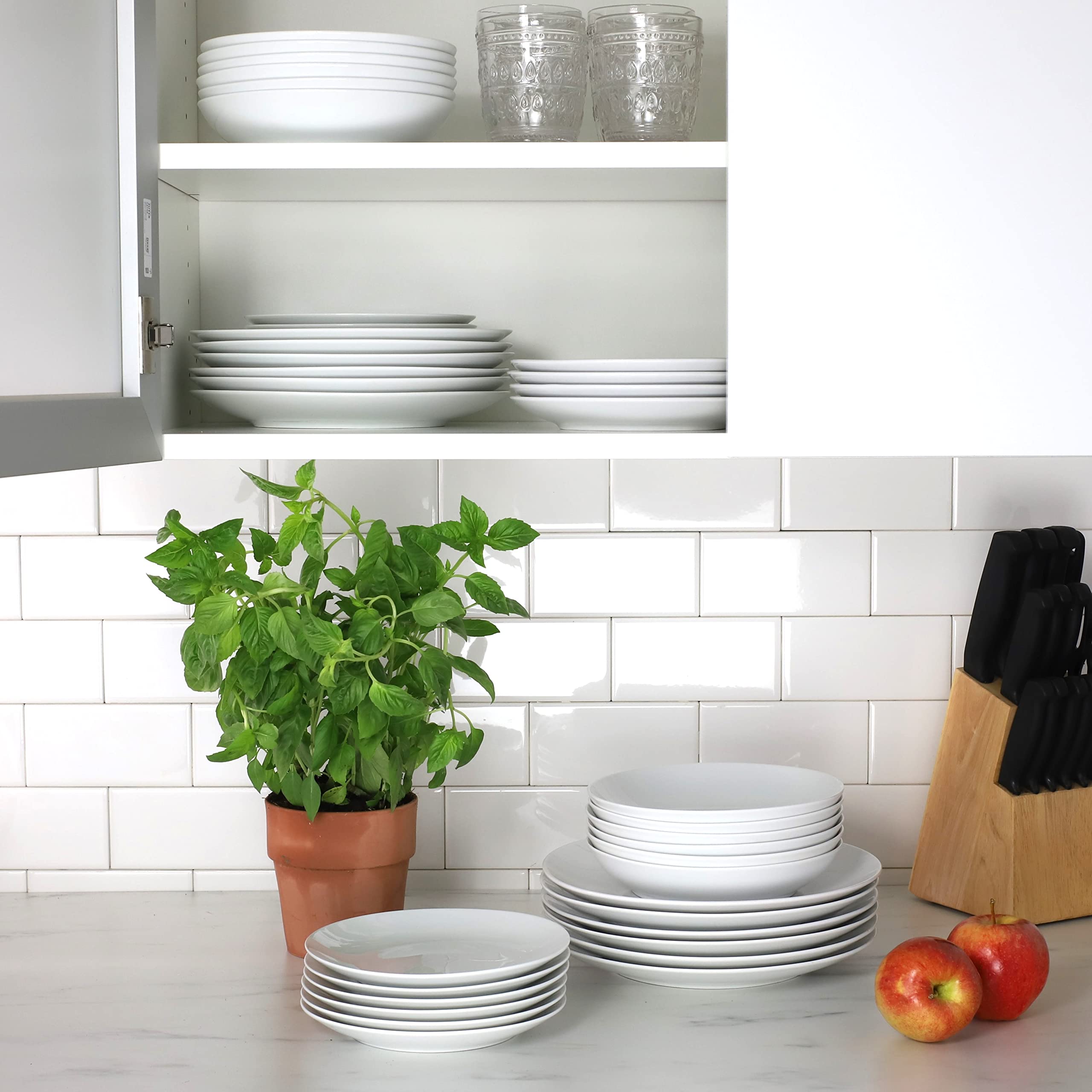 Euro Ceramica Bianco Service for 6 Dinnerware High Gloss Fine Porcelain White Essential, 8" x 4" Soup/Pasta Bowl Set 20oz Capacity for Soup Pasta Rice Cereal