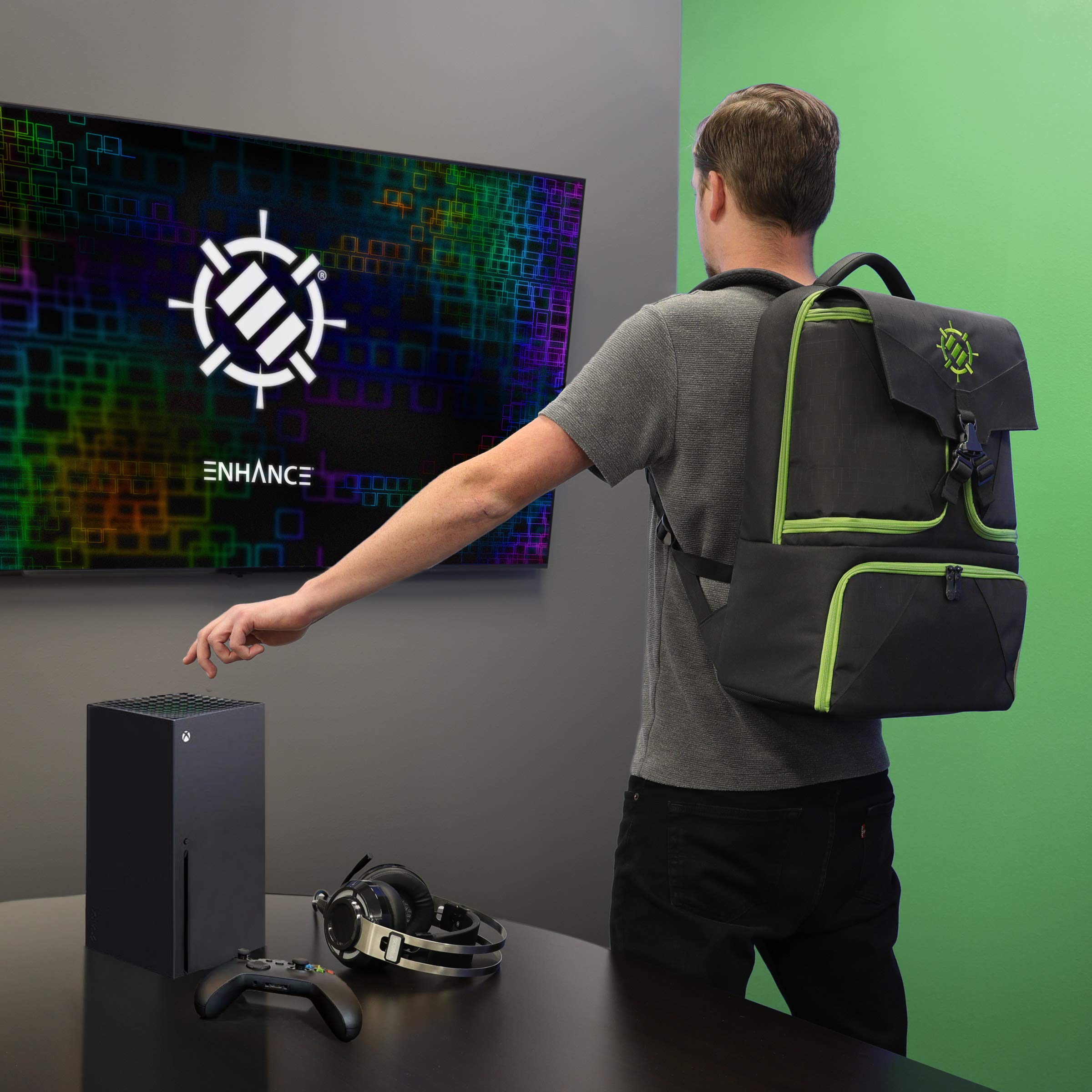 ENHANCE Console Gaming Backpack Compatible with Xbox Series X , Xbox Series S - Xbox Series X Carrying Case with Compartments for Controllers, Games & Accessories - Headset Storage , Zippered Pockets