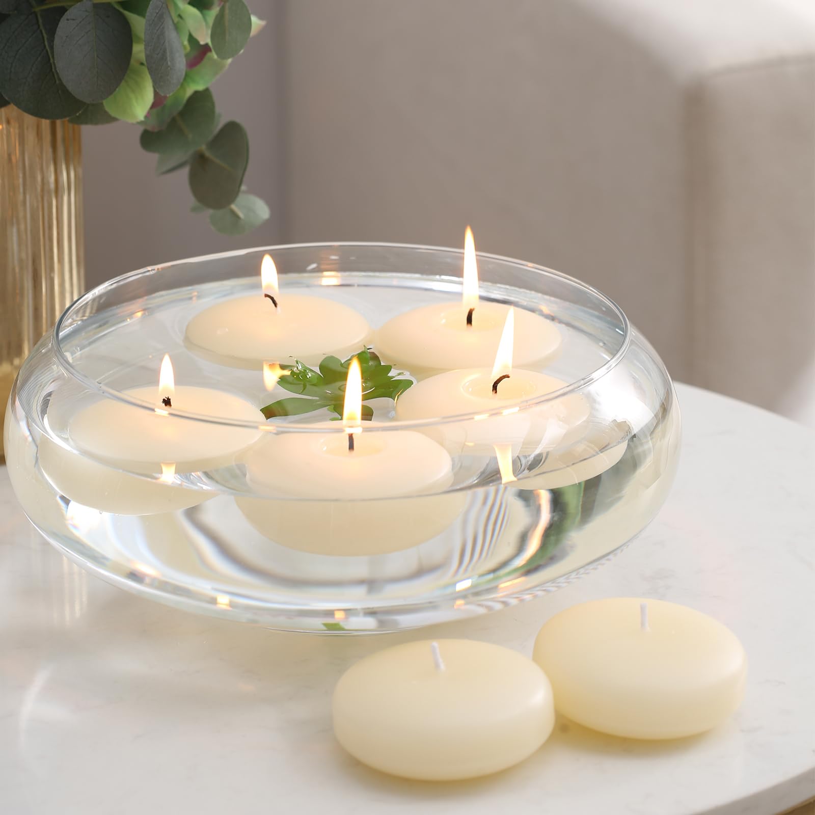 KNOURT 12 Pack Floating Candles, 3” Ivory Unscented Dripless Wax Burning Candles, for Weddings, Party, Cylinder Vases, and Home Decorations…