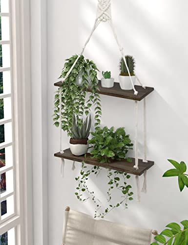 Sonefreiy Rustic Hanging Shelves 2 Tier White Rope Brown Wood Floating Shelf Window Plant Shelves for Bathroom Bedroom Living Room