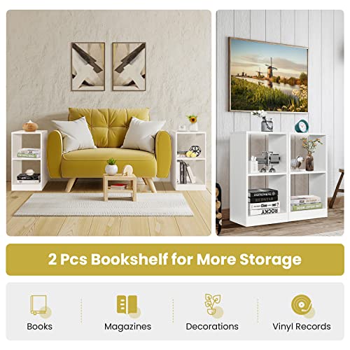 Giantex 2-Pcs 2-Tier White Bookshelf, Narrow Wood Bookcase with Anti-Tipping Kit, Short Open Shelving Rack for Small Space, Mini Cube Bookshelf for Living Room, Bedroom, Kids Room, Classroom