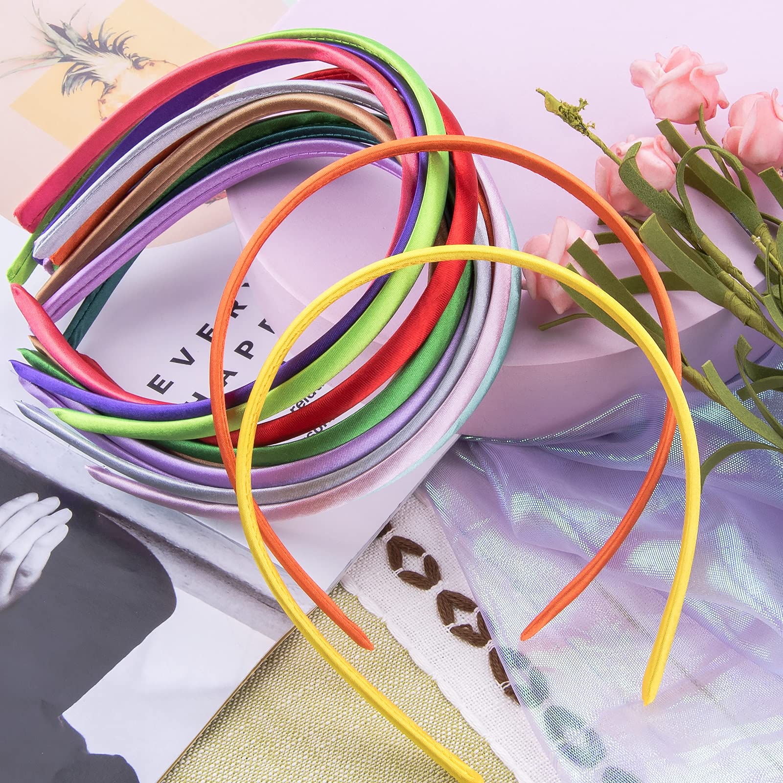 Duufin 60 Pieces Satin Headbands for Girls Headbands 1cm Satin Covered Plain Headband Colorful DIY Headband, 30 Colors