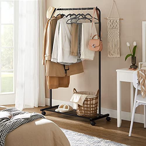 SONGMICS Rolling Clothes Rack and 30-Pack Velvet Hangers Bundle, Garment Rack with Wheels and a Mesh Shelf, Non-Slip Coat Pants Hangers with Adjustable Clips, Black UHSR25BK and UCRF12B30