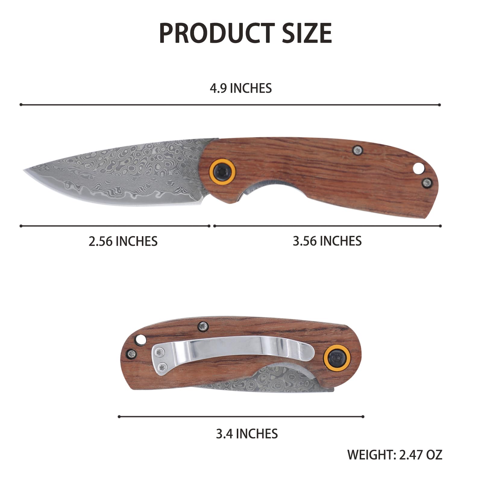 Generic Damascus Fold Pocket Knife,Gift for Men and Women with Pocket Clip,Wooden Handle EDC Knife for Camping,Hunting