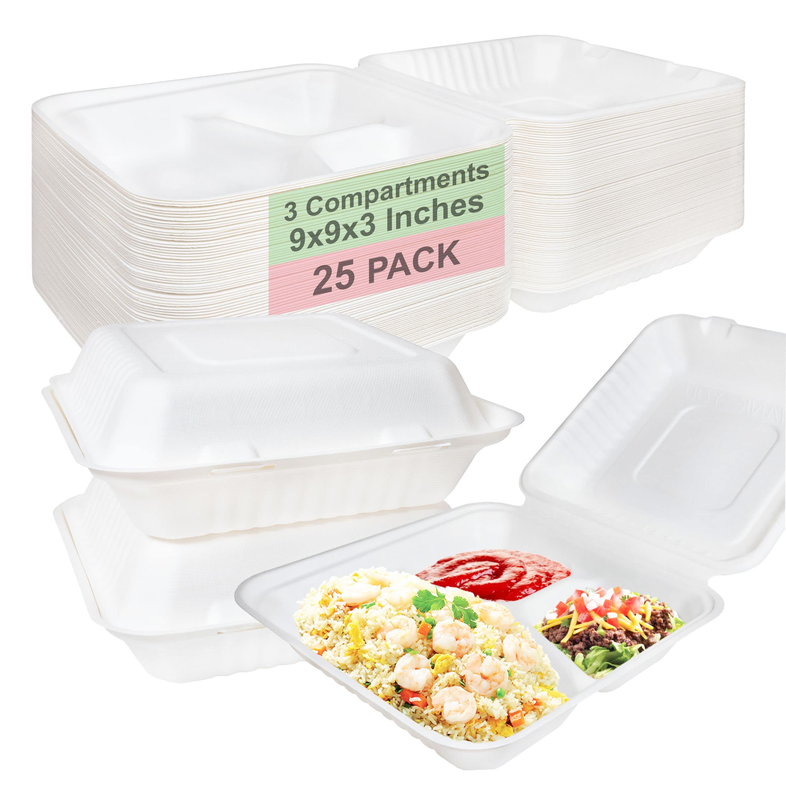Compostable 3-Compartment Hinged Clamshell Take Out Food Containers 9x9x3,Heavy Duty Quality Square Disposable to go Containers, Eco-Friendly Takeout Box, Restaurants, Food Trucks (25)