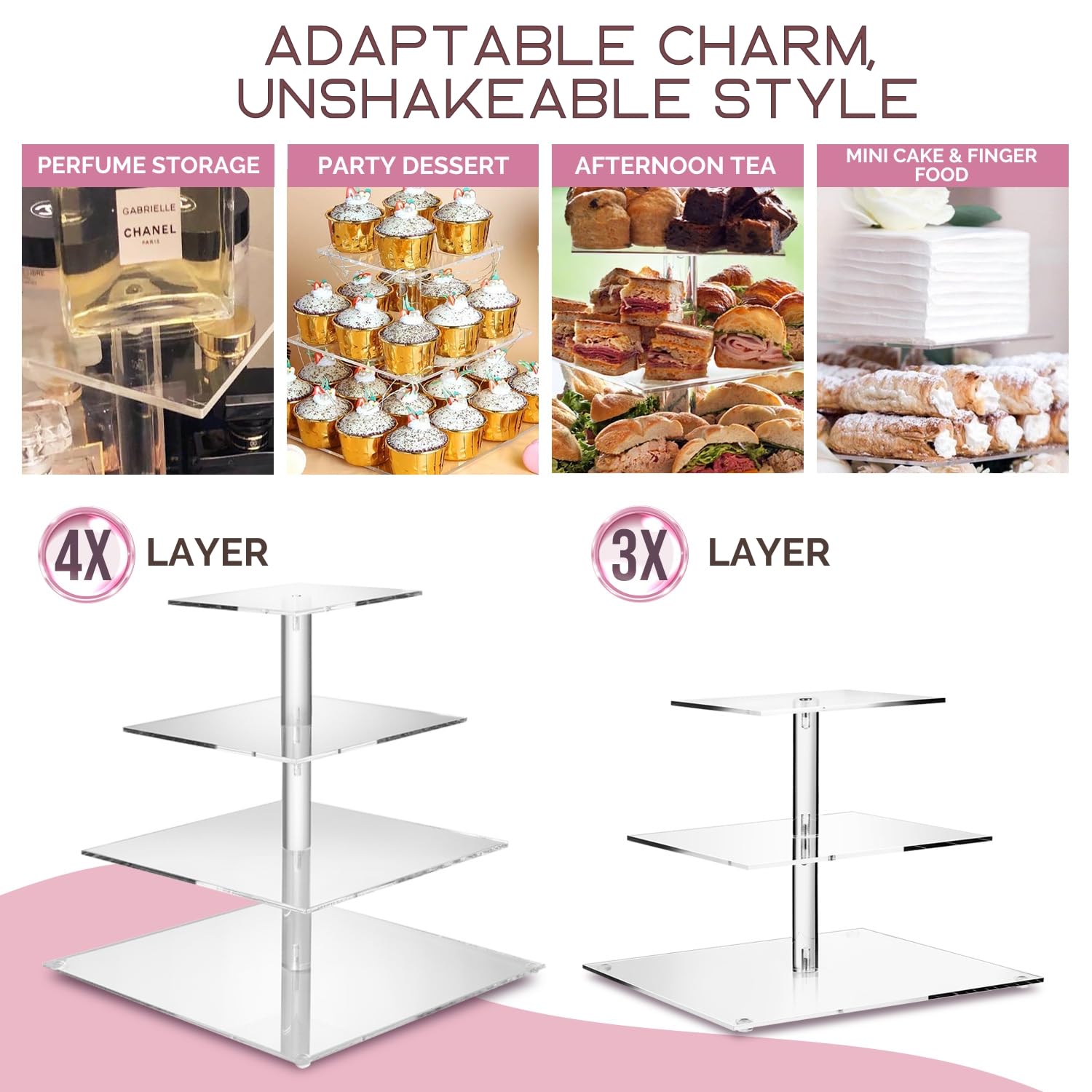Flexzion 3 Tier Cupcake Stand Acrylic Cupcake Holder Tower Dessert Table Display Set Clear Square Stand, Food Display Stands for Party, Weddings, Birthdays, Reusable Mini Cake Tier Stand