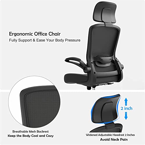 Home Office Desk Chairs, Ergonomic Office Chairs with Flip-up Armrests, Computer Desk Chairs with Lumbar Support, Office Desk Chairs with Rocking Function, Black