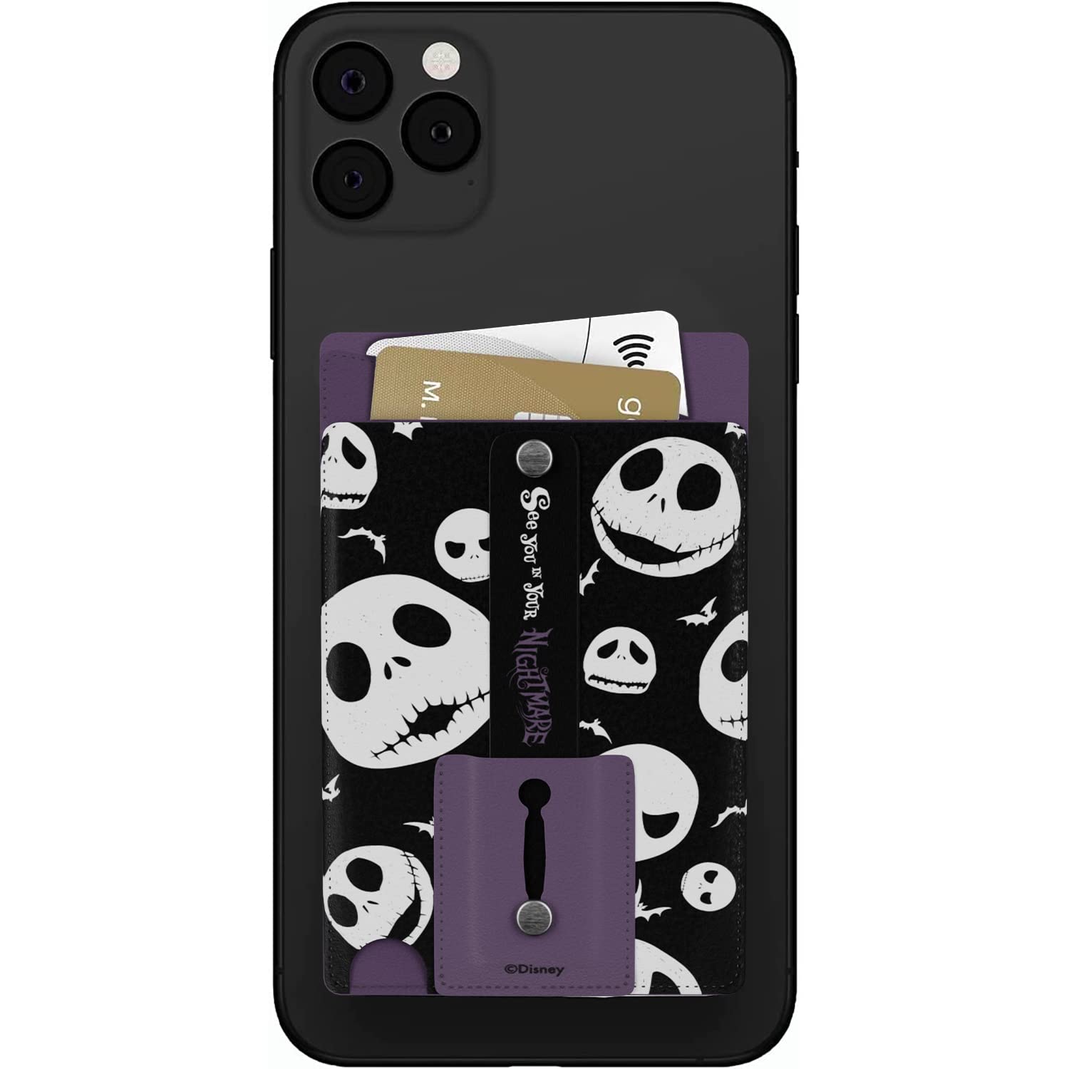 iJoy Disney Tim Burton’s The Nightmare Before Christmas Phone Wallet Stick On- Adhesive Cell Phone Wallet Card Holder with Finger Strap and Kickstand - Jack Skellington Gifts