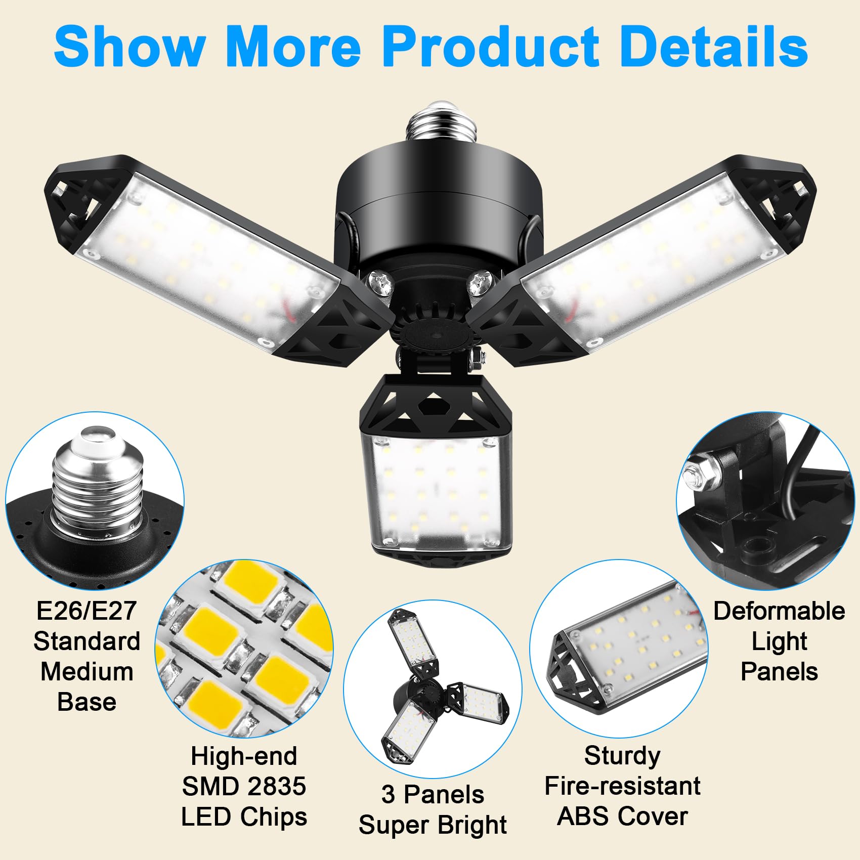 Kofarrten LED Garage Lights, 80W LED Garage Lights, Super Bright 8000LM 6500K Deformable LED Garage Ceiling Lights Shop Lights for Garage, Workshop, Basement,Warehouse (1Pack)