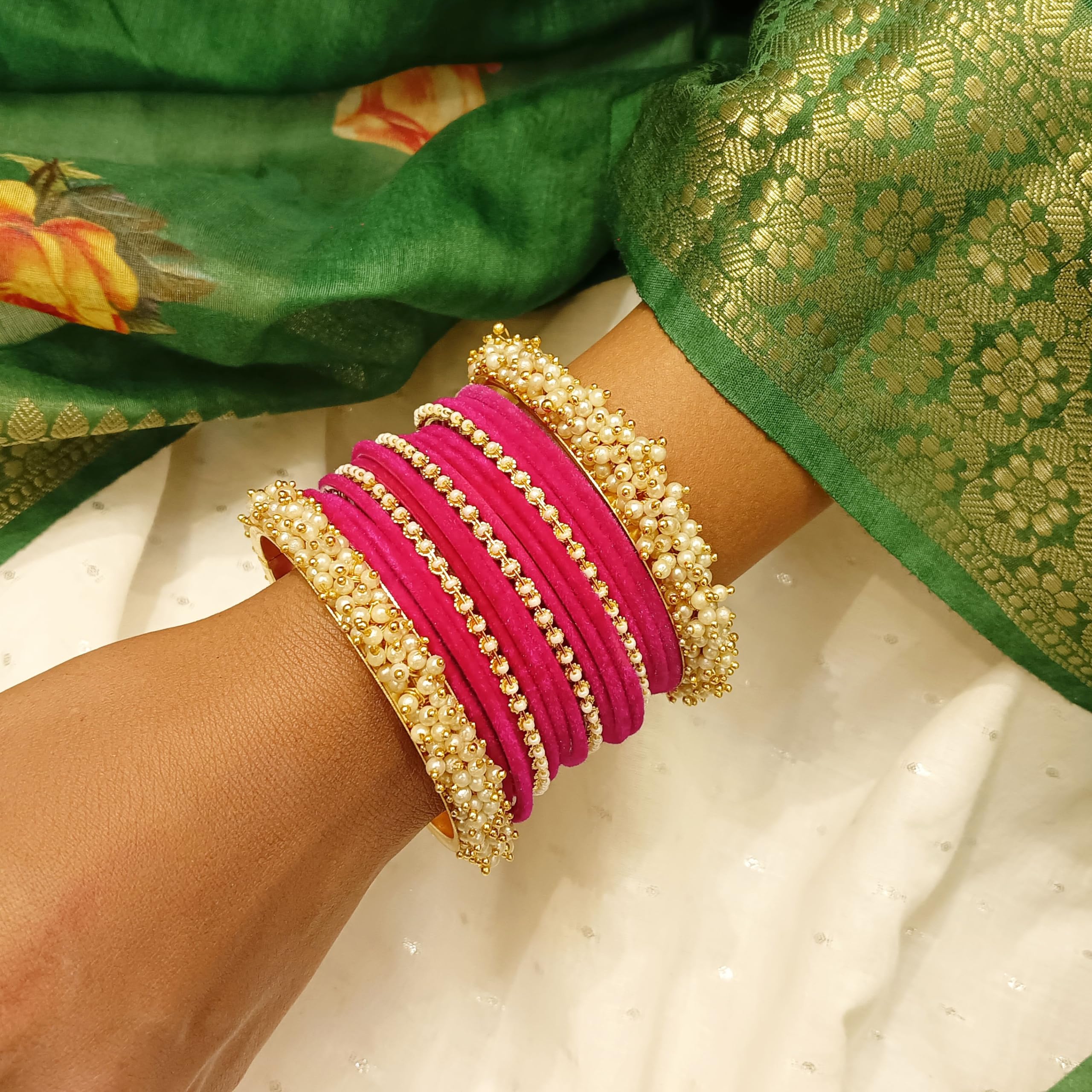Efulgenz Indian Bangle Set Faux Pearl Bracelet Bangle Velvet Bangles Wedding Bridal Jewelry for Women
