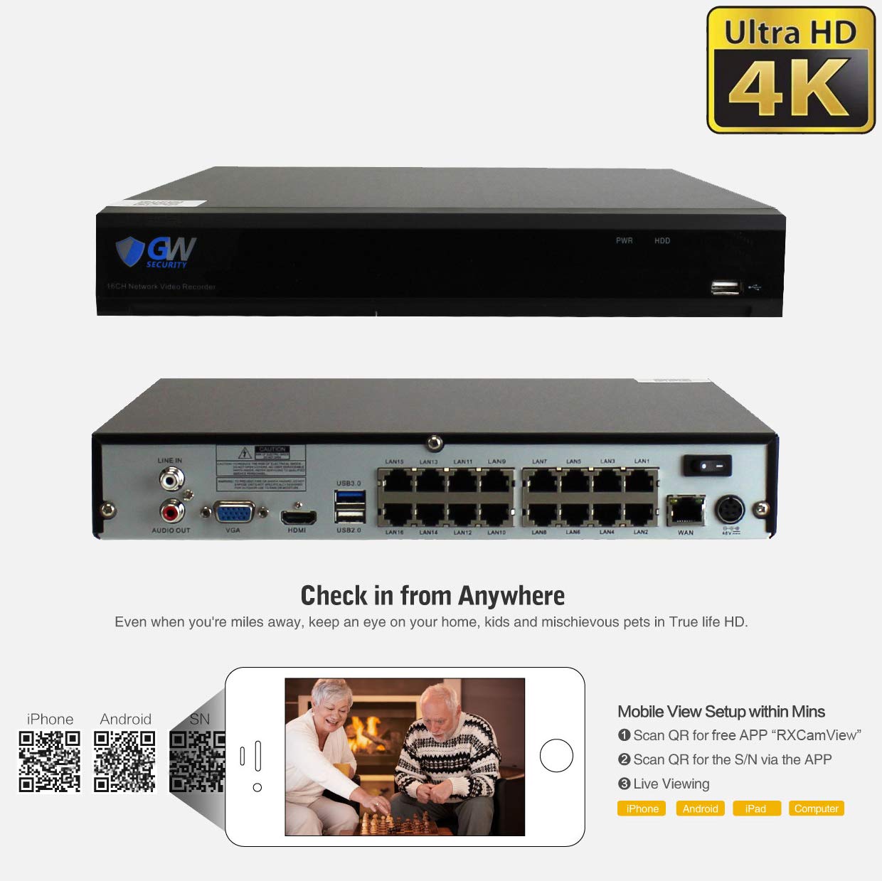 GW 1080p@30fps 16 Channel Security Camera System with 16 2MP 2X Optical Zoom CCTV IP Indoor Cameras
