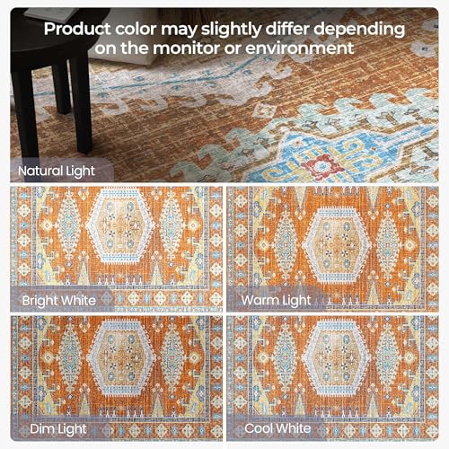 Kokia Area Rugs Living Room 9x12 Ultra-Thin Washable Orange Large Area Rug Dining Room Geometric Tribal Distressed Lightweight Foldable Carpet for Dining Room Home Office, Solani Orange-1