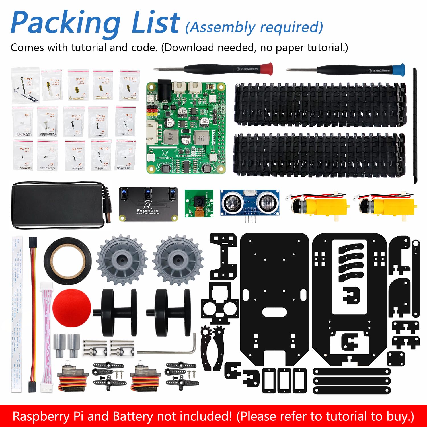 Freenove Tank Robot Kit for Raspberry Pi 4 B 3 B+ B A+, Crawler Chassis, Grab Objects, Ball Tracing, Line Tracking, Obstacle Avoidance, App Control, Camera, Servo (Raspberry Pi NOT Included)